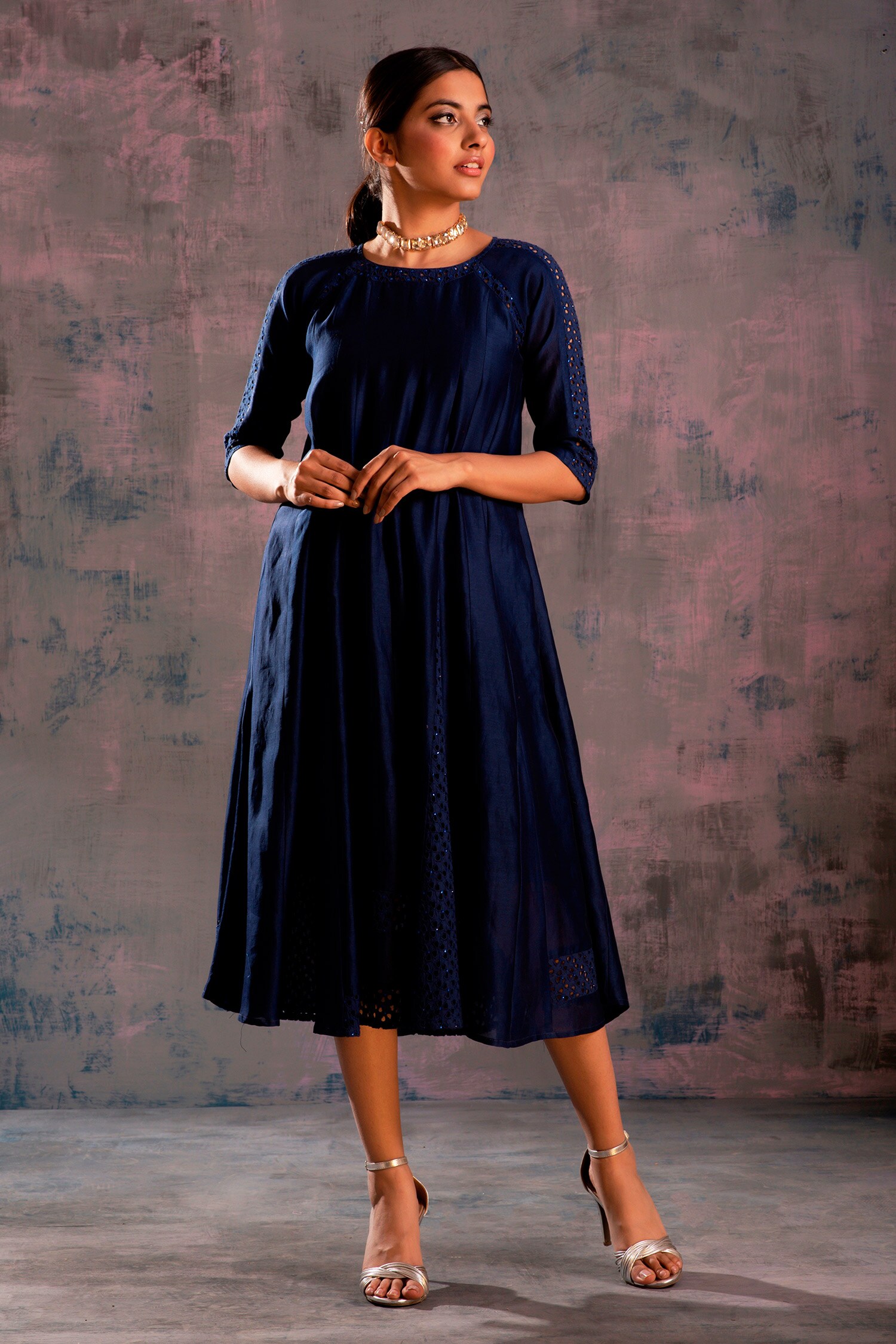 Buy Blue Chanderi Round Dress For Women by Charkhee Online at Aza Fashions.