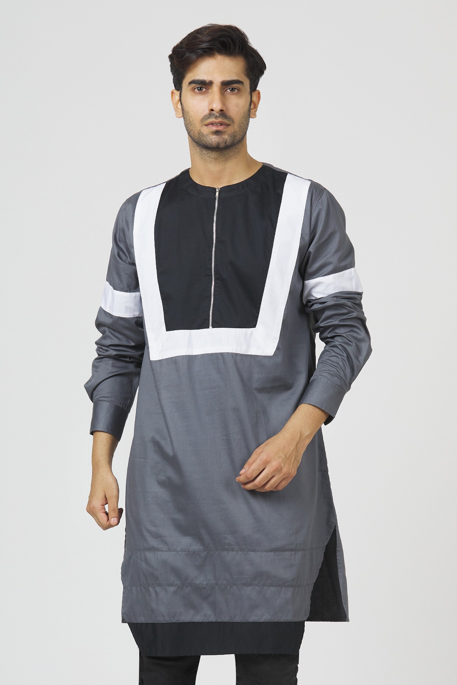 Buy The Natty Garb Grey Cotton Satin Zipper Kurta Online | Aza Fashions