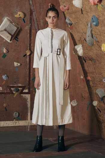Buy White Terry Cotton Mandarin Collar Pleated Midi Dress For Women by ...