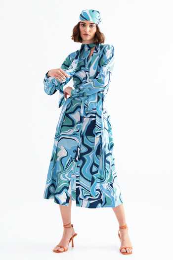Buy Blue Crepe Embroidery Round Printed Shirt Dress For Women by ...