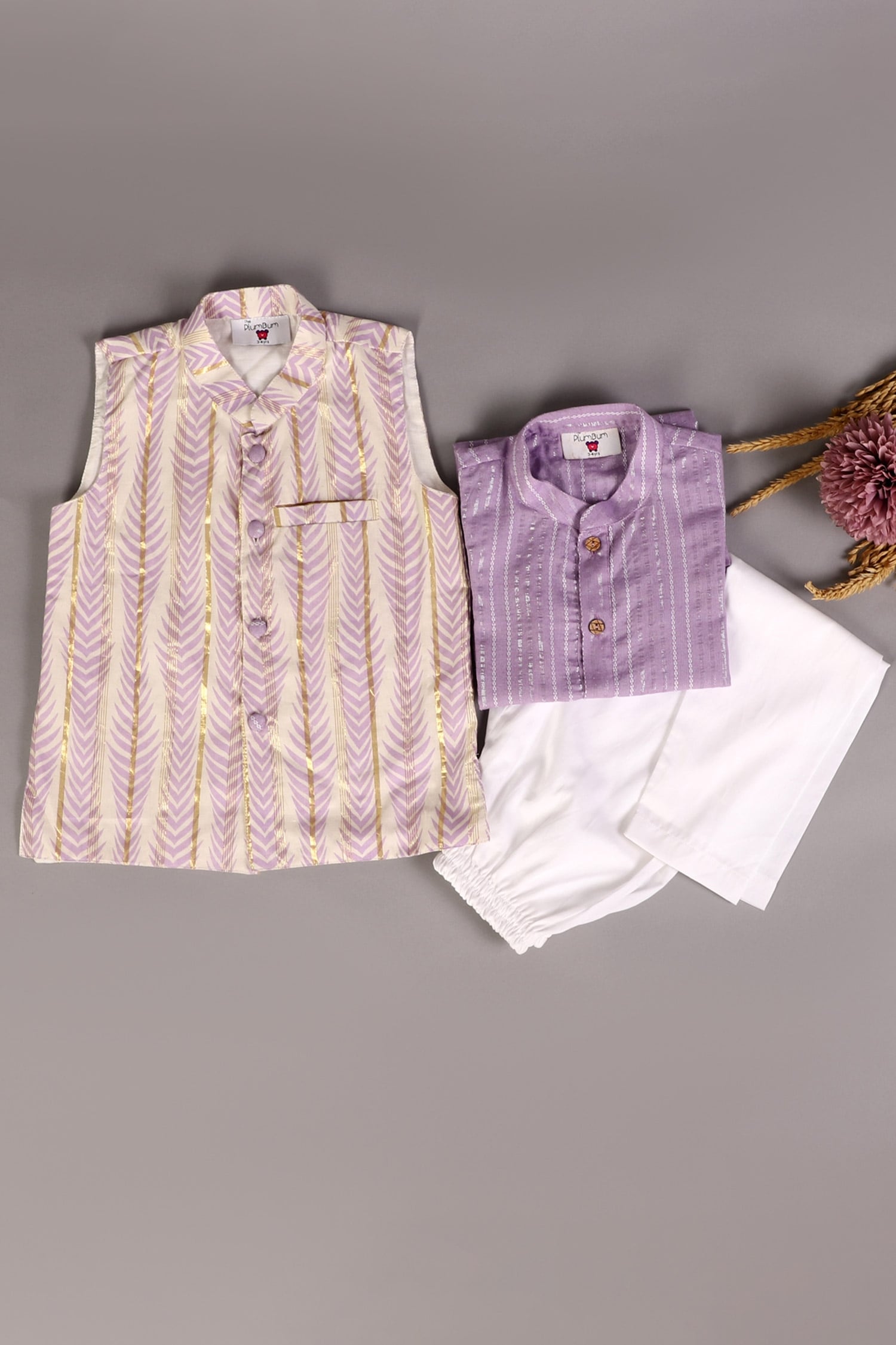 Buy Purple Jacket: Cotton Printed Leaf And Foil Bundi & Kurta Set For Boys by The Plum Bum ...