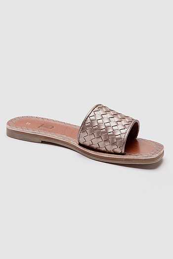 Buy Tissr Brown Leather Metallic Textured Strap Sliders Online | Aza ...