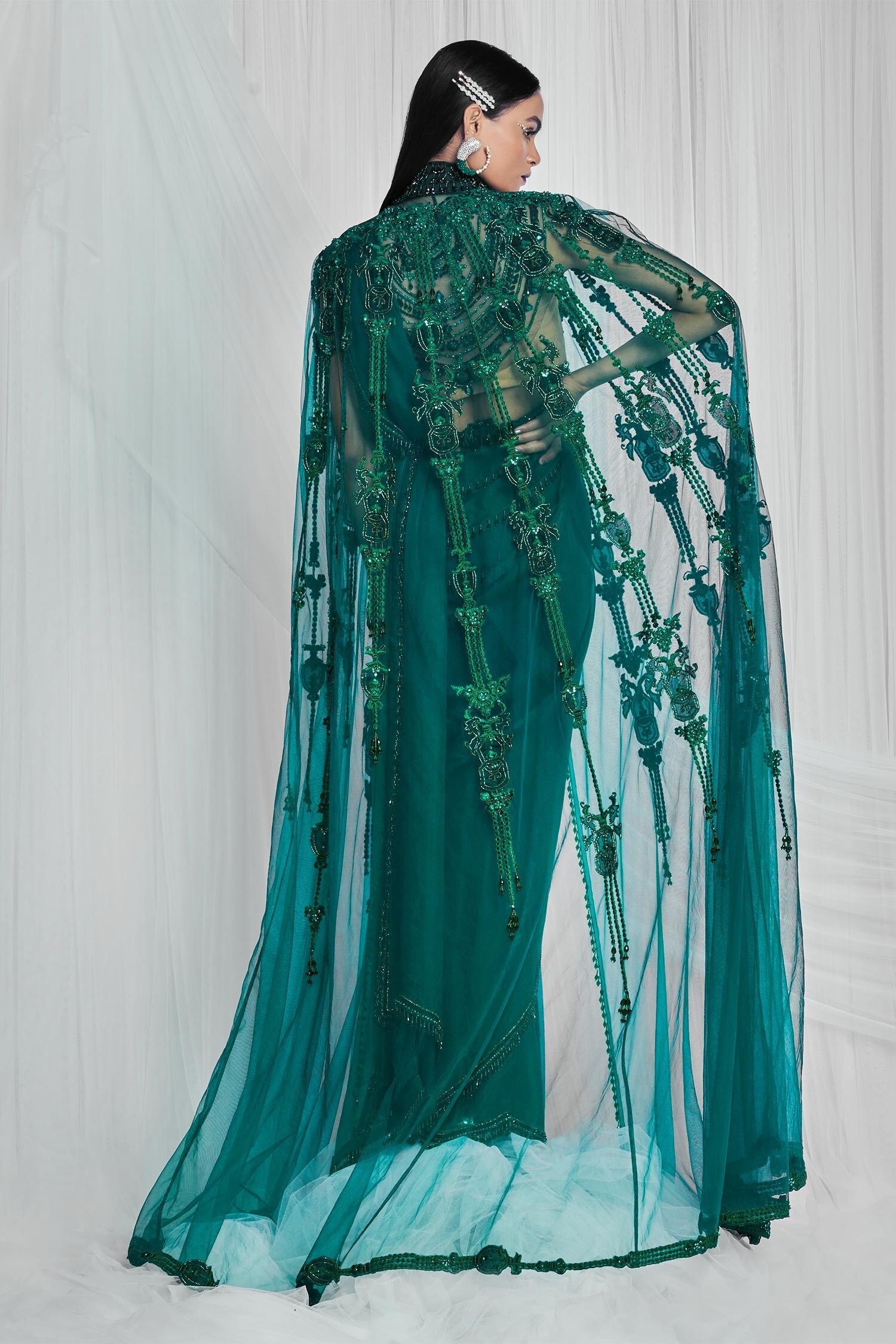 Buy Mala and Kinnary Green Tulle Embellished Cape Online | Aza Fashions