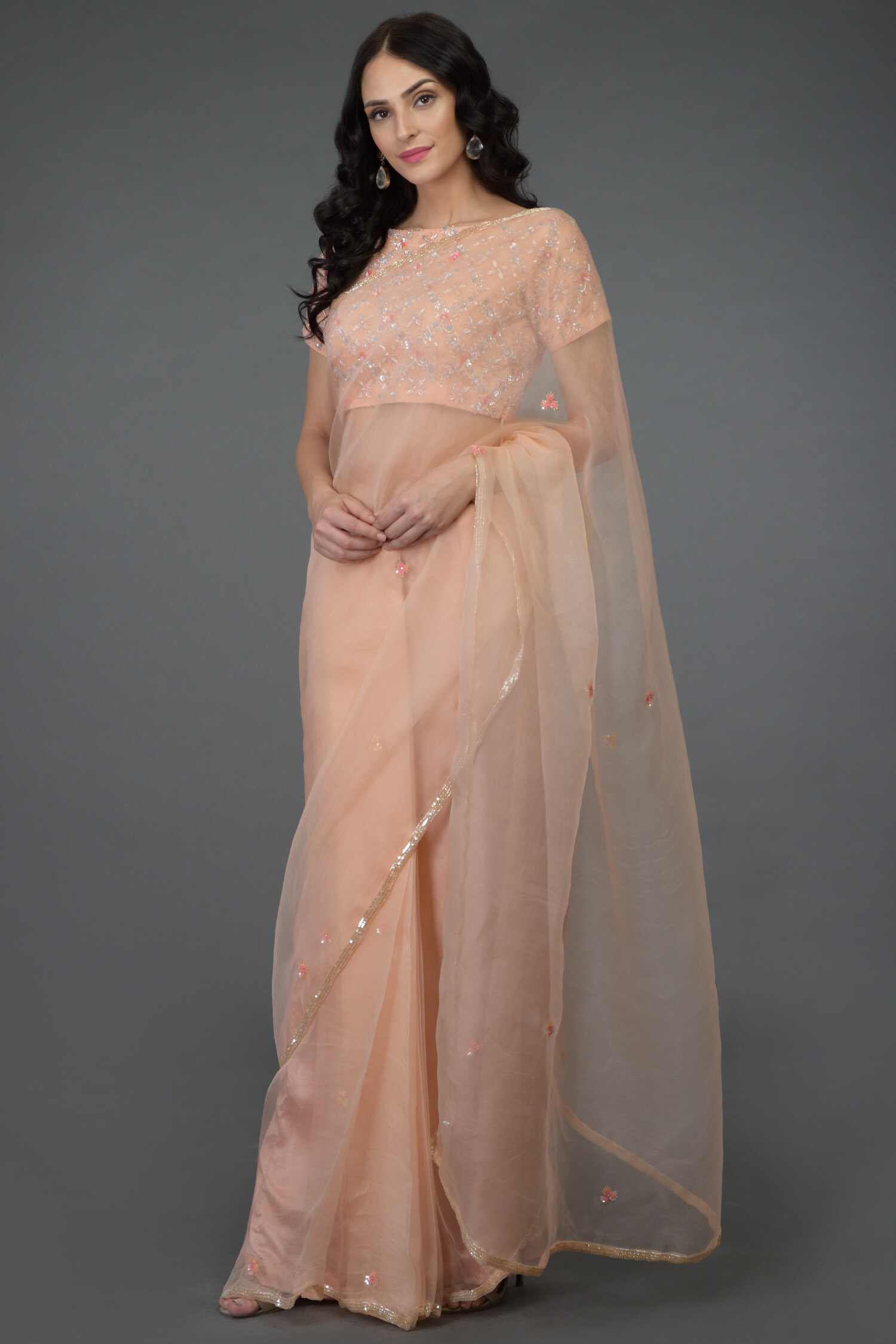 Buy Talking Threads Peach Pure Organza Silk Embellished Saree Set Online | Aza Fashions