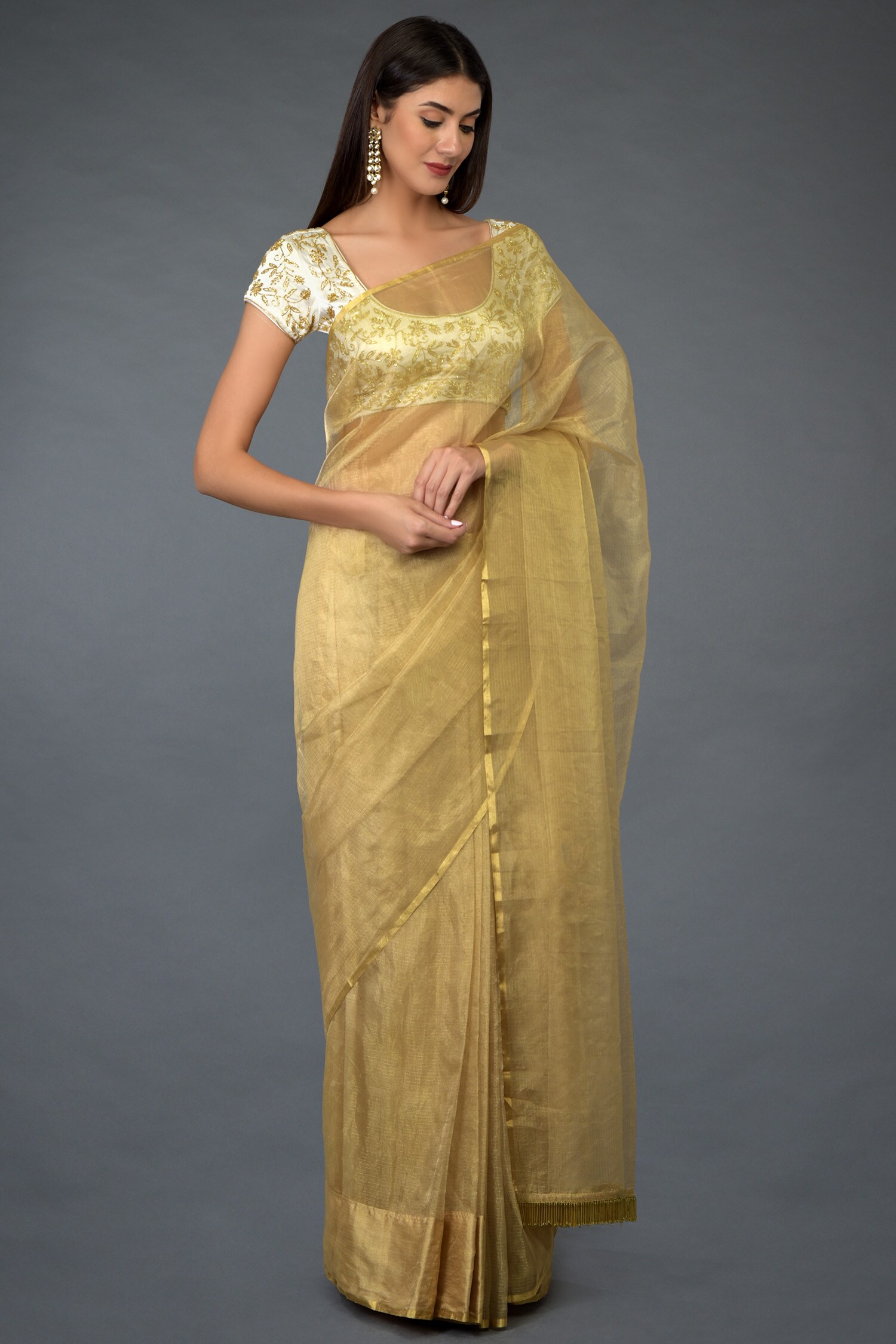 Buy Talking Threads Gold Tissue Embroidered Saree With Blouse Online ...