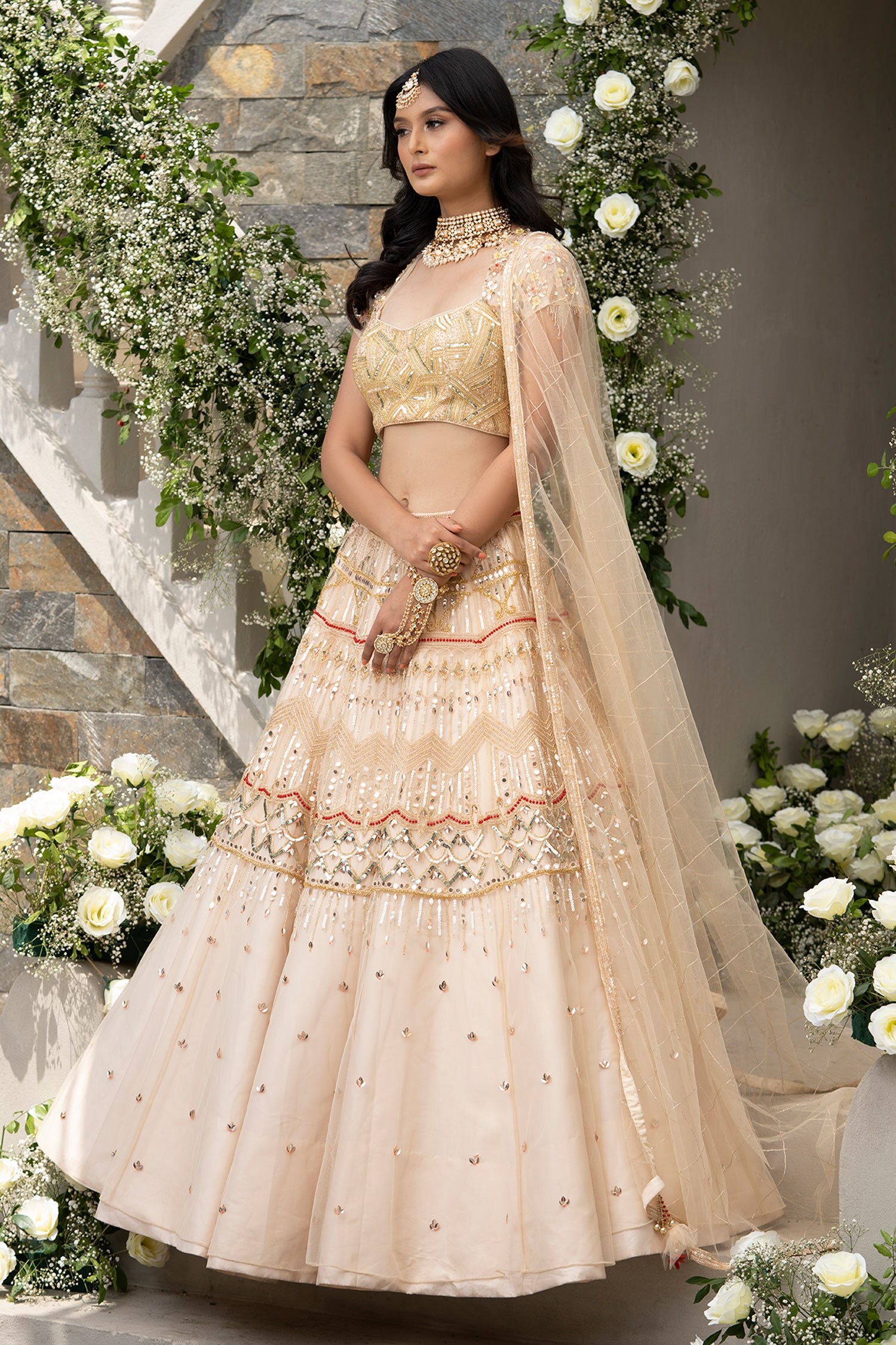 Buy Tamaraa By Tahani Beige Silk Taffeta Embroidered Lehenga Set Online ...