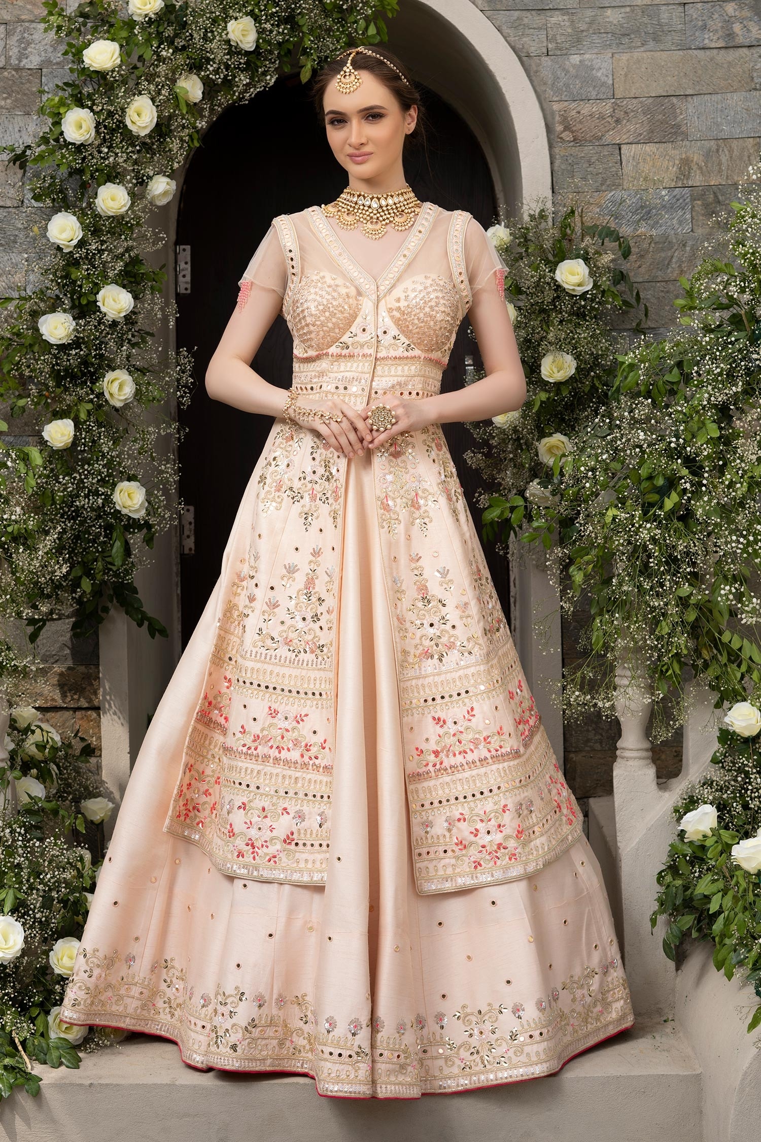 Buy Tamaraa By Tahani Peach Silk Jacket Anarkali And Lehenga Set Online ...