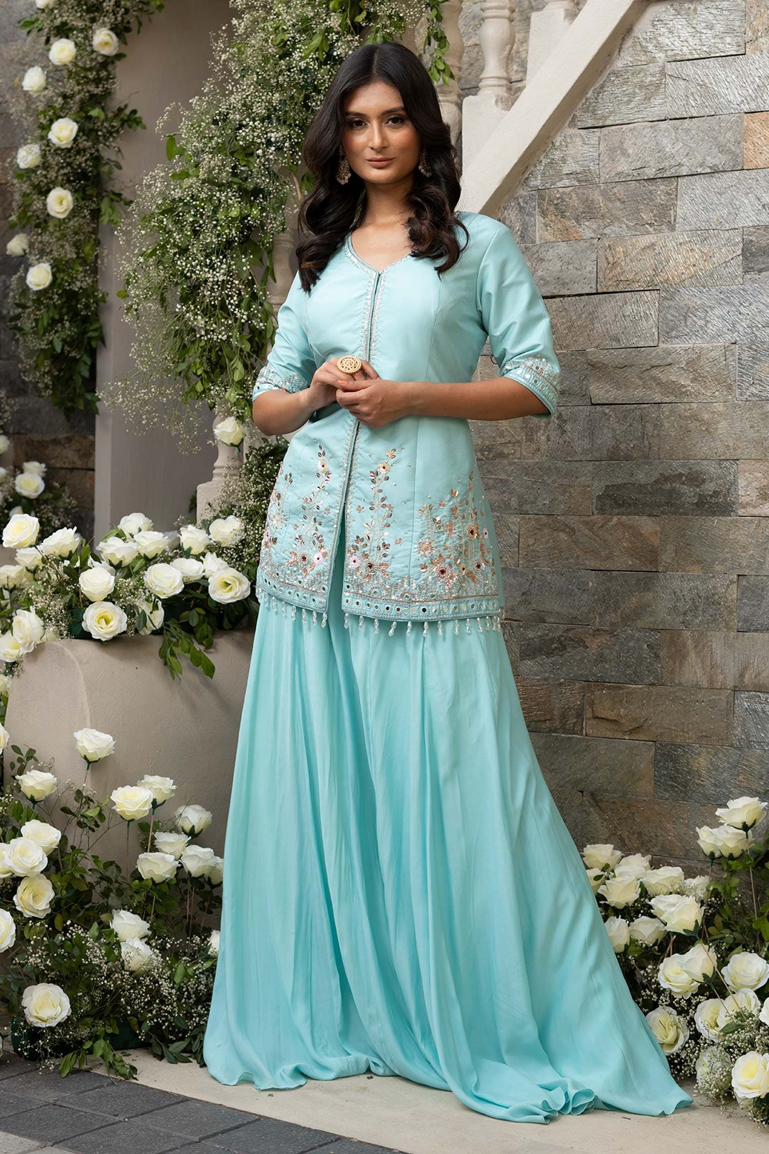 Buy Tamaraa By Tahani Blue Mul Silk Embroidered Jacket And Lehenga Set ...