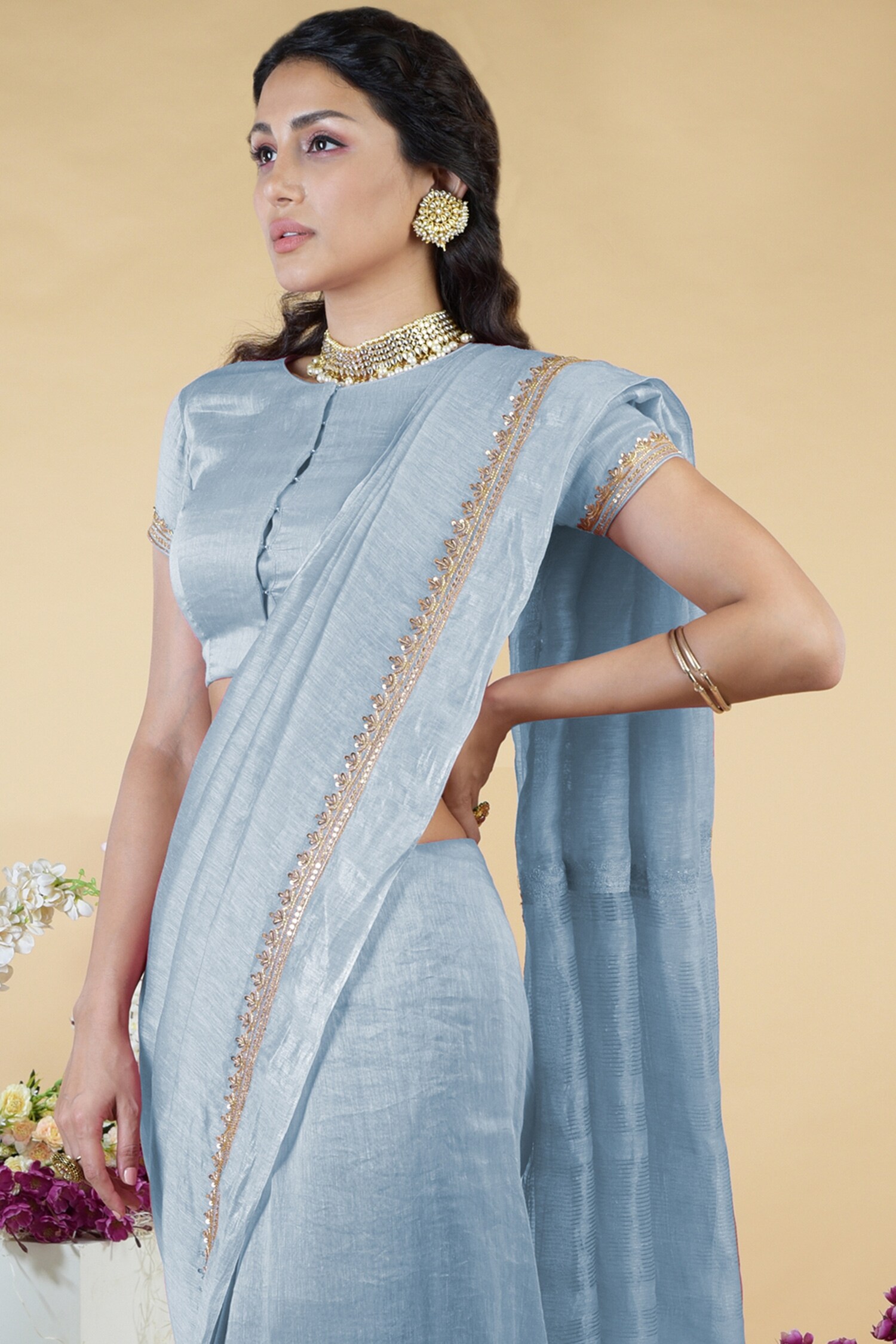 Buy Talking Threads Blue Linen Silk Saree And Blouse Set Online | Aza Fashions