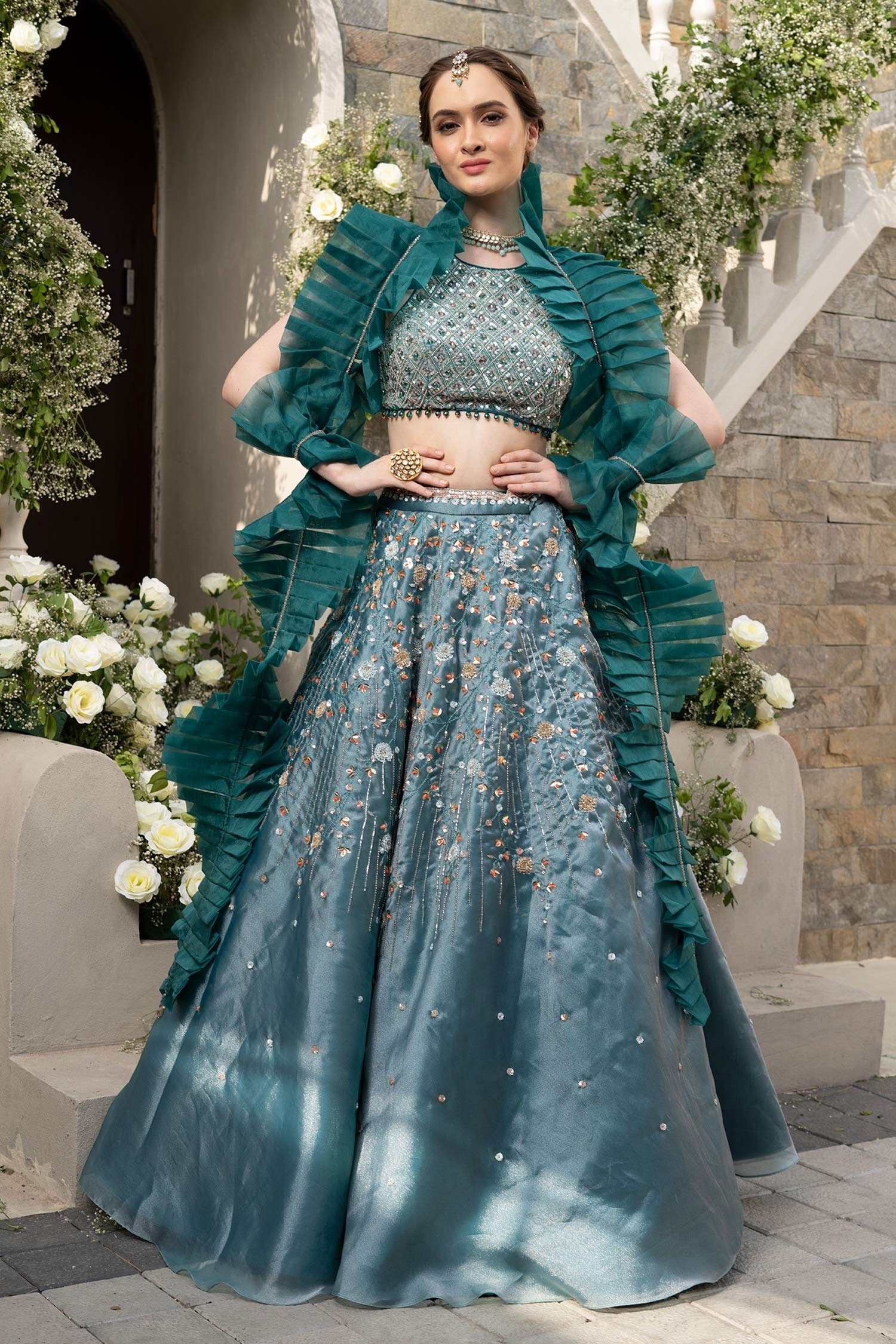 Buy Tamaraa By Tahani Green Silk Taffeta Embroidered Lehenga Set Online ...