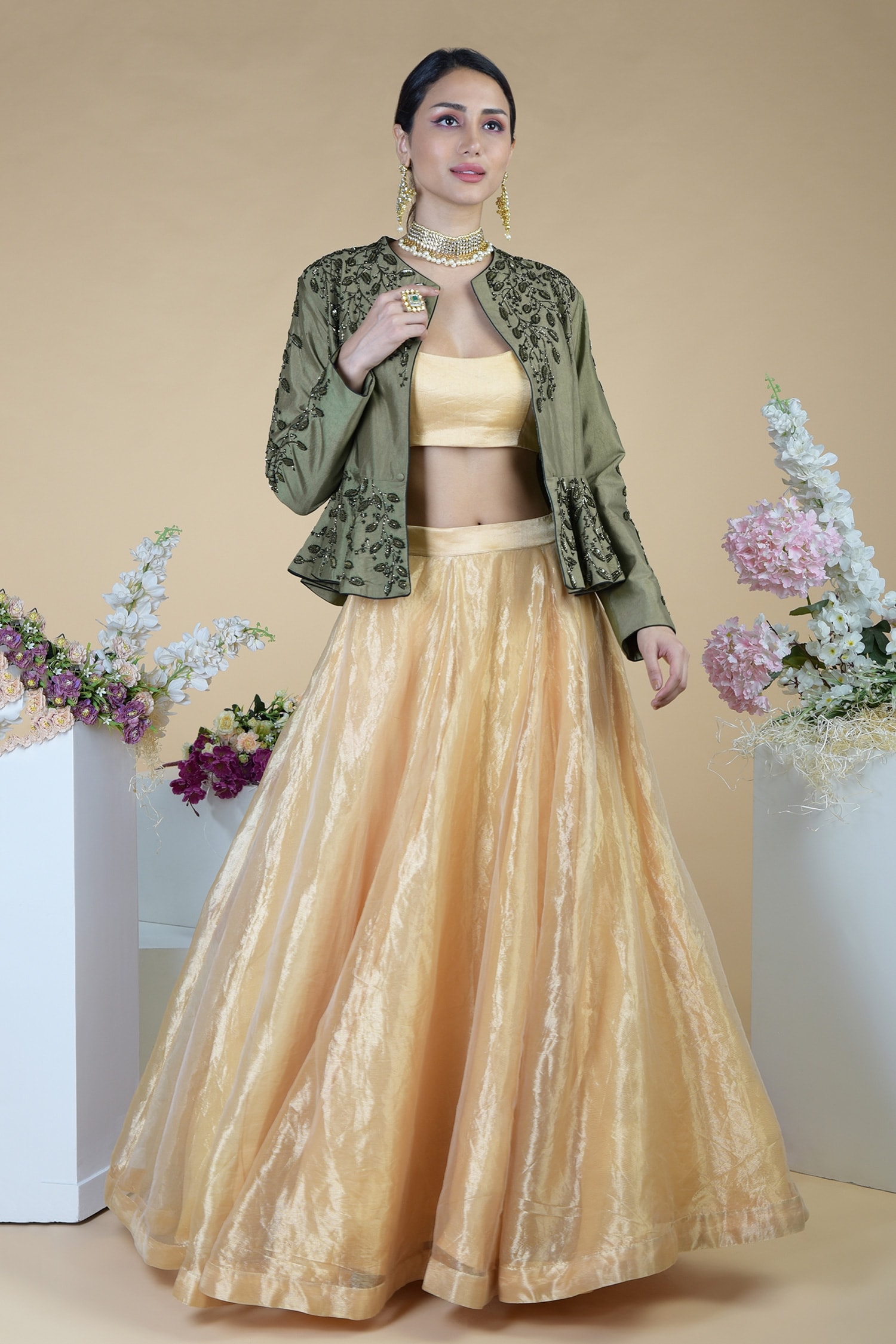 Buy Talking Threads Gold Embroidered Jacket And Lehenga Set Online ...