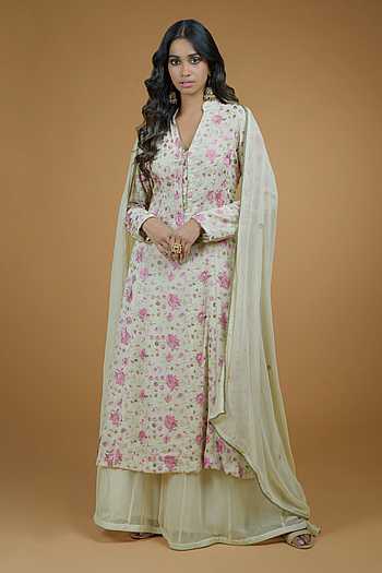 Buy Talking Threads Cream Parsi Embroidered Kurta Sharara Set Online ...