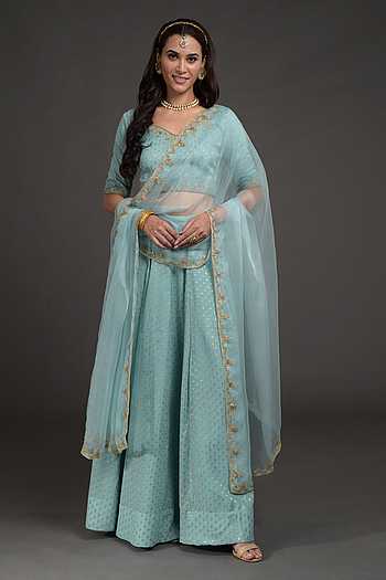 Buy Blue Georgette; Lining: Shantoon Embroidery Dabka Floral Lehenga ...