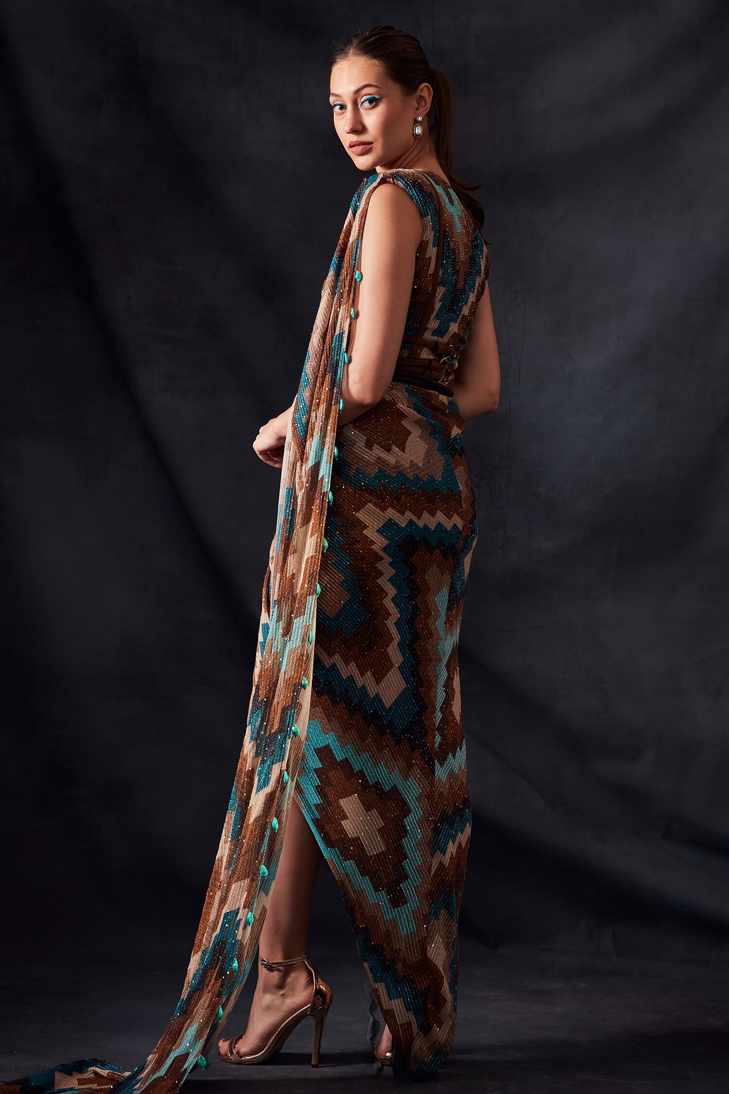 Buy Nikita Mhaisalkar Multi Color Grid Print Sequin Work Draped Saree ...