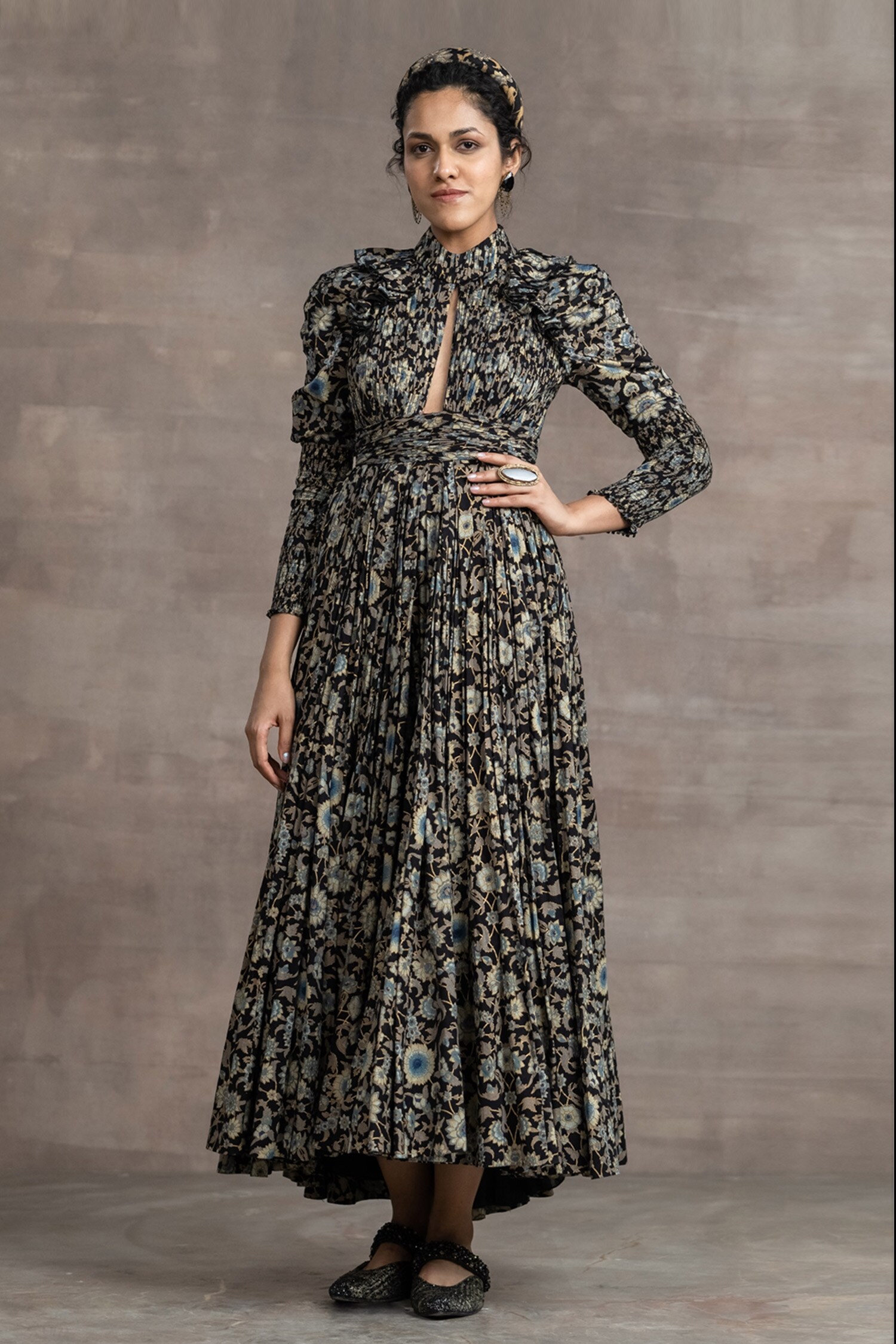 Buy Black Printed Floral Pattern High Neck Anarkali Set For Women by ...