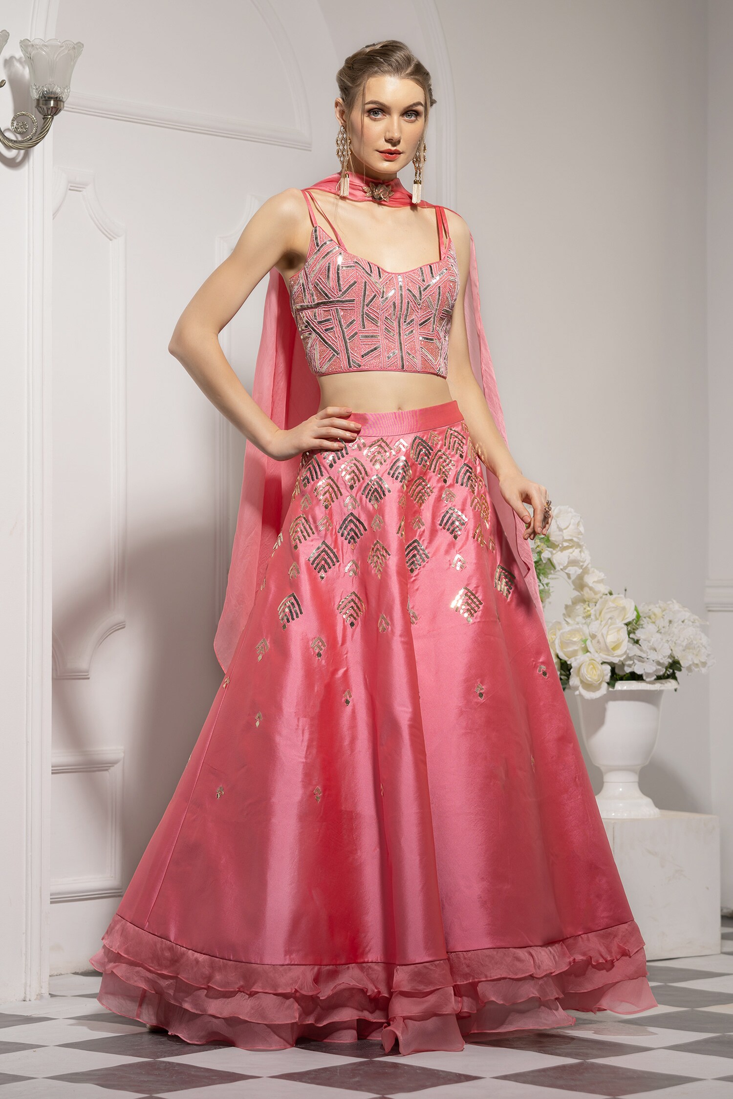 Buy Pink Silk Taffeta V Neck Embroidered Lehenga Set For Women by ...