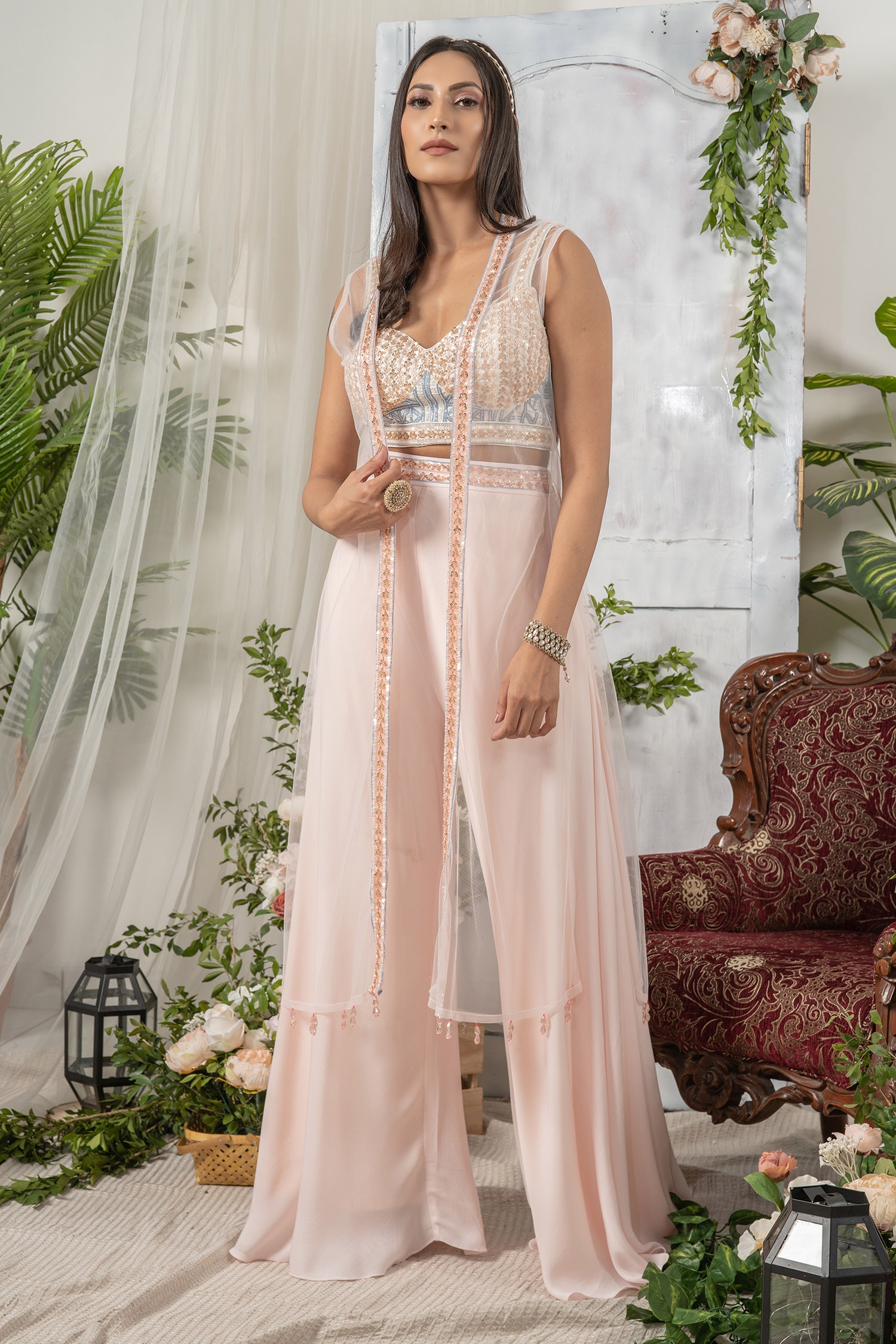 Buy Tamaraa By Tahani Pink Embroidered Jacket And Pant Set Online | Aza ...