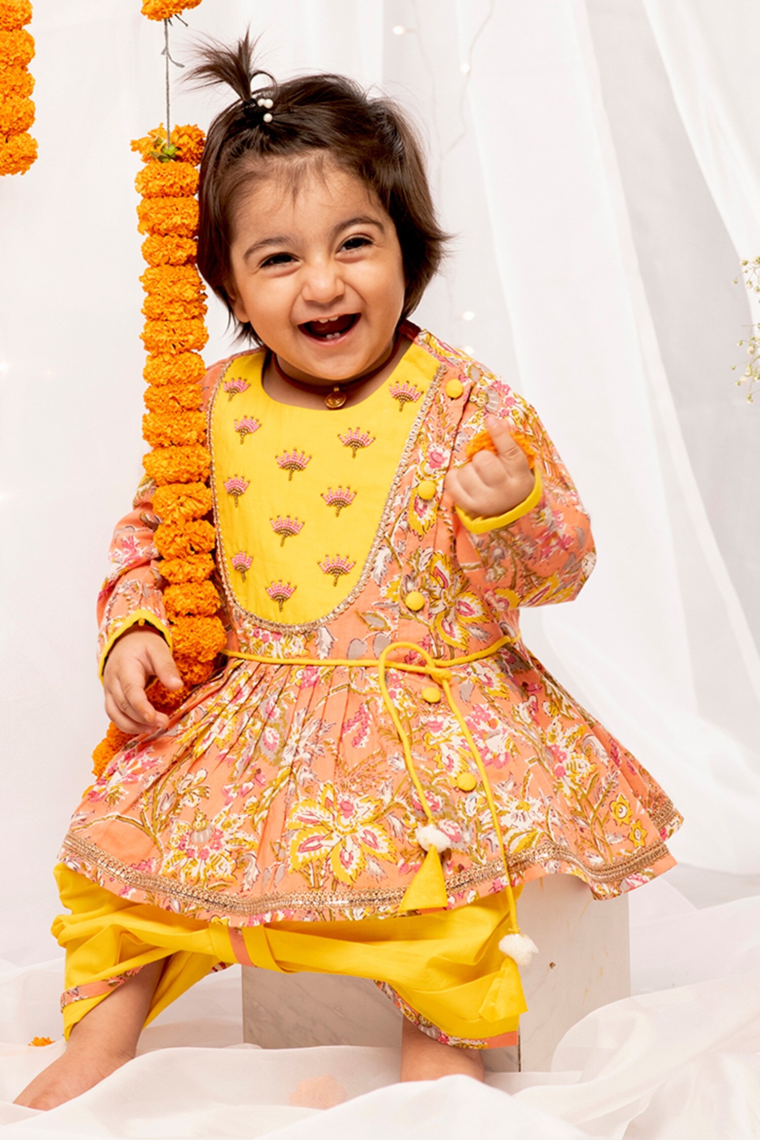 Buy Yellow 100% Cotton Printed Angarkha Set For Girls by Tiber Taber ...