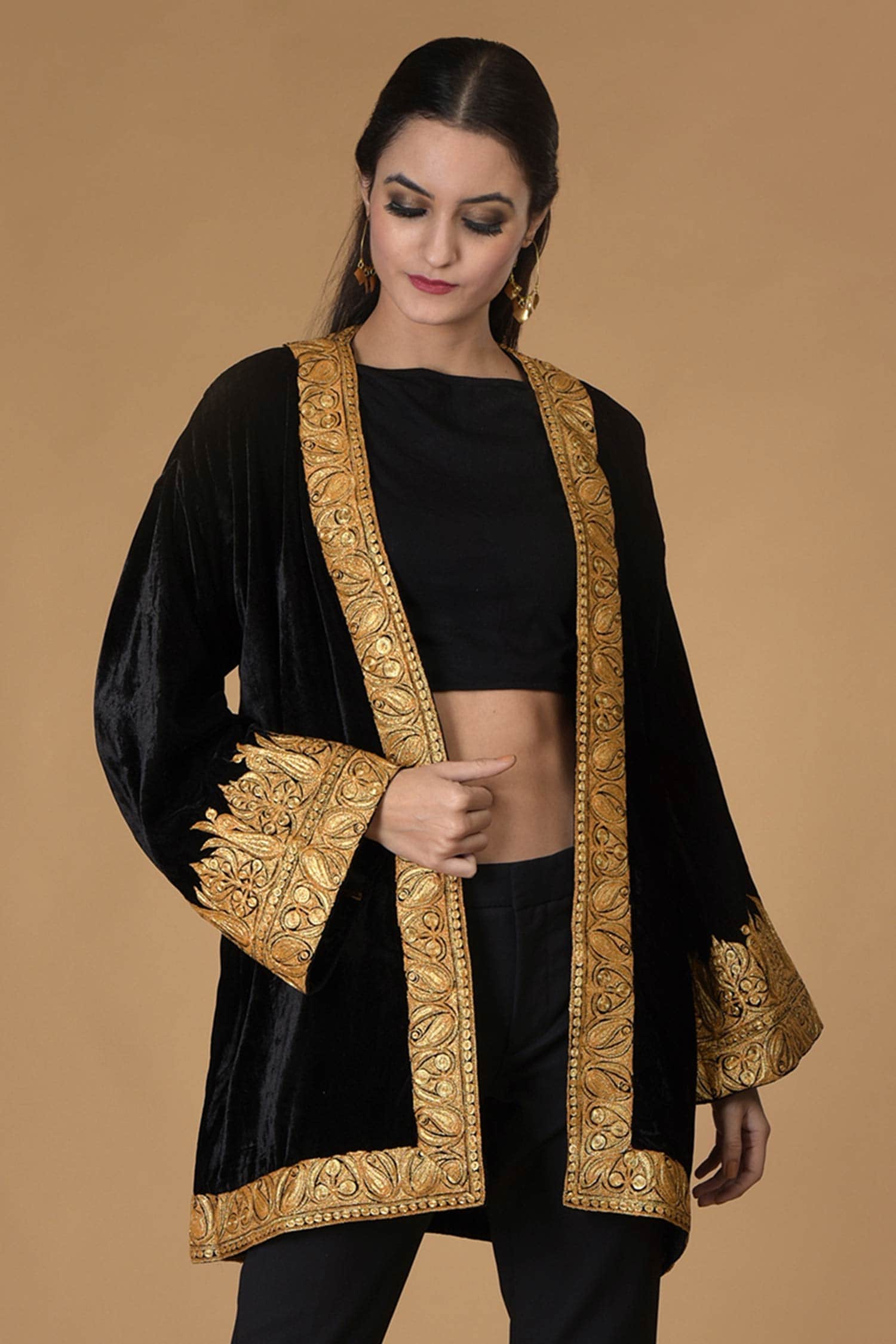 Buy Black Velvet Embroidered Jacket For Women by Talking Threads Online ...