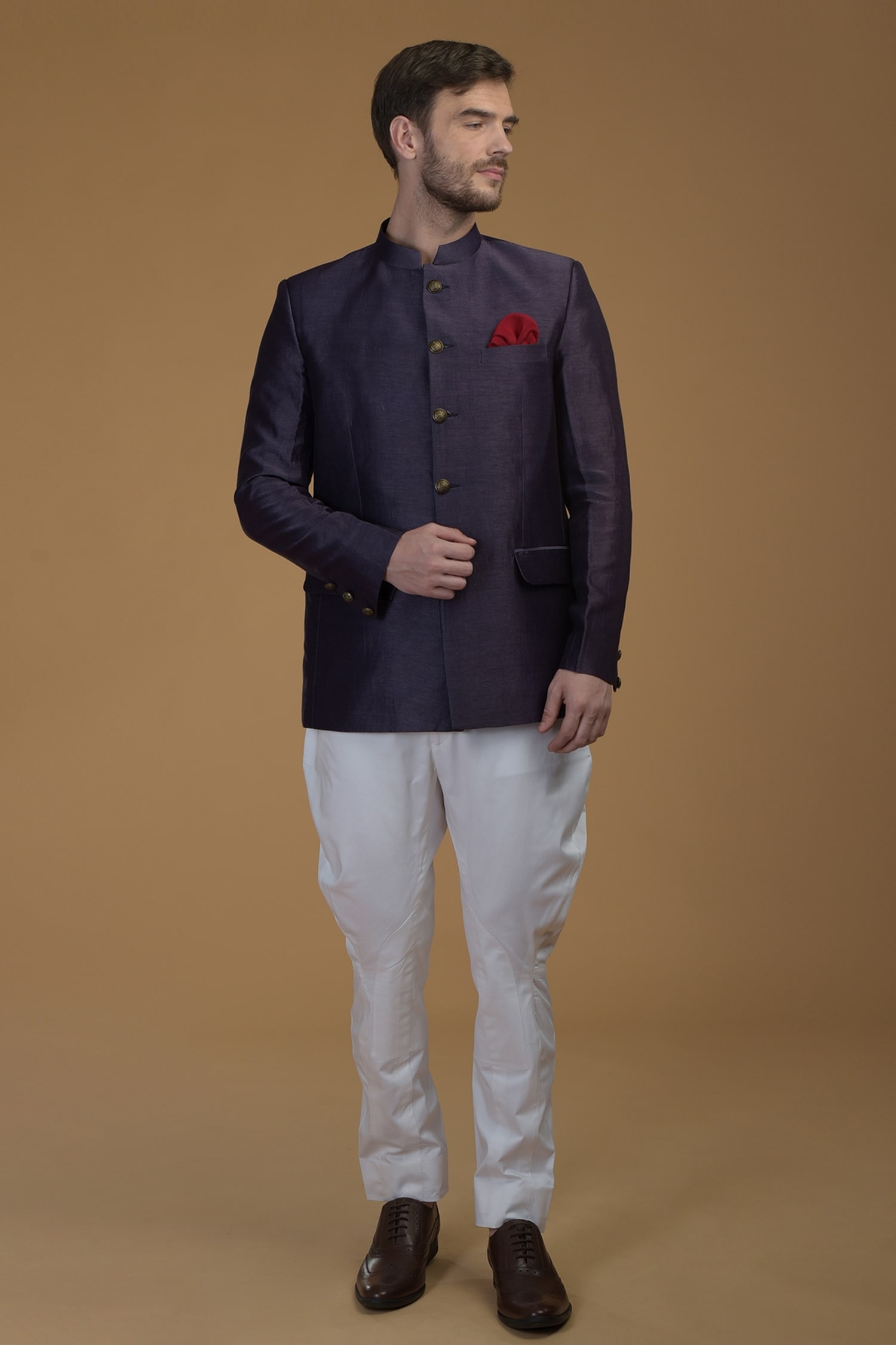 Buy Blue Linen Silk Plain Bandhgala For Men by Talking Threads Online ...