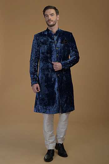 Buy Talking Threads Blue Silk Velvet Sherwani Set Online | Aza Fashions