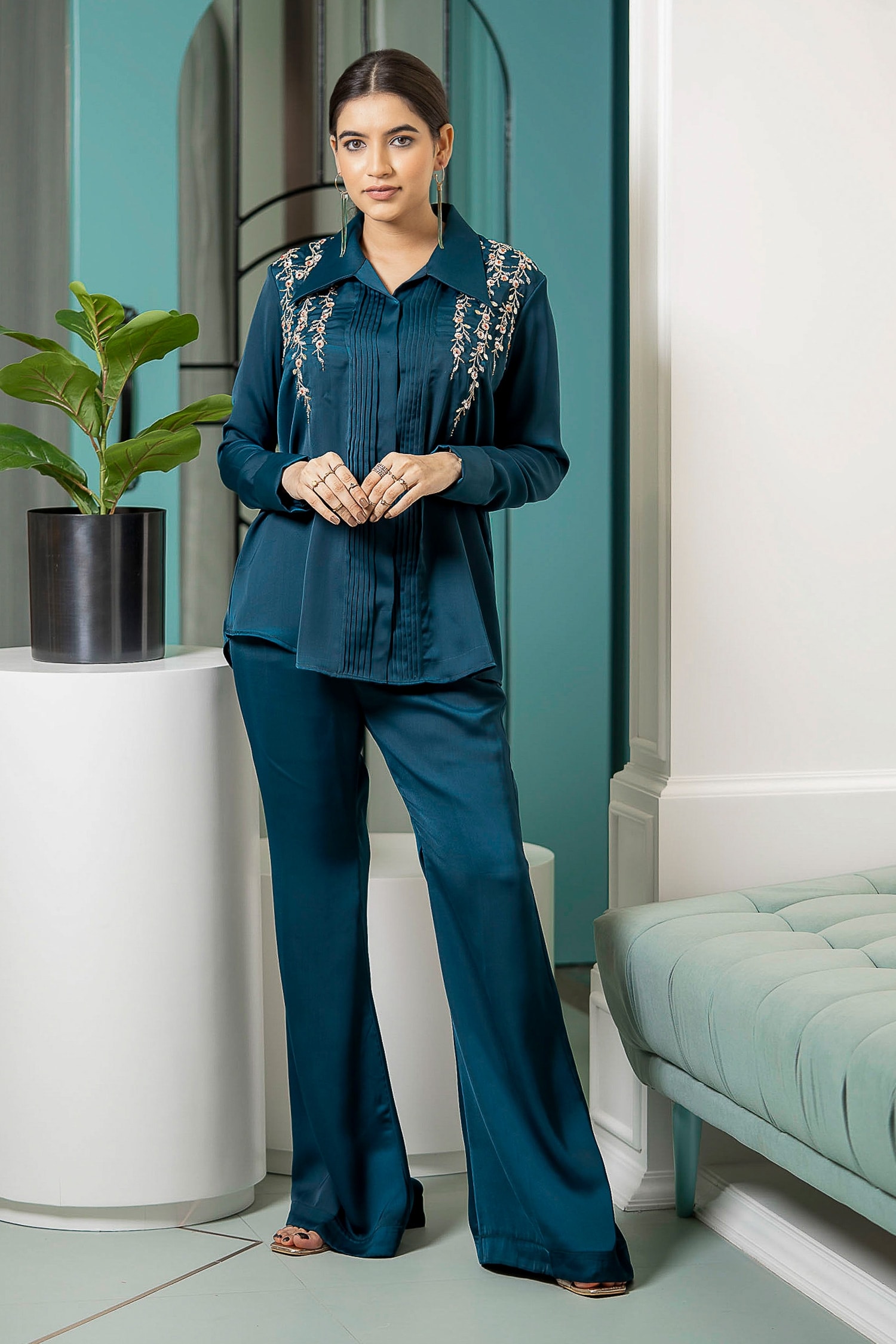 Buy Green Milano Satin Embroidered Floral Motifs Collared Shirt And ...