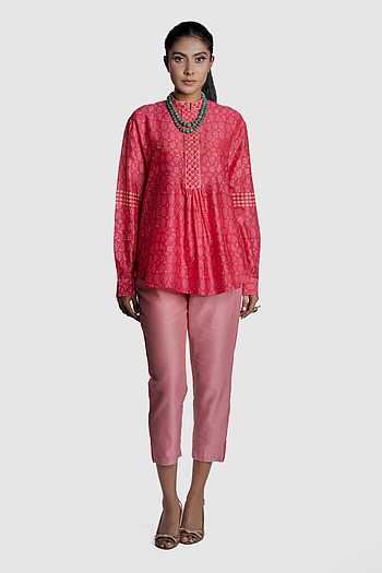 Buy Krishna Mehta Pink Chanderi Short Tunic And Pant Set Online | Aza ...