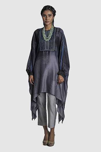 Buy Krishna Mehta Black Chanderi Kaftan And Pant Set Online | Aza Fashions