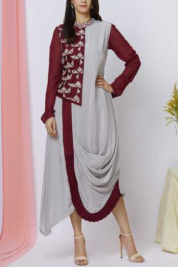 Buy Ariyana Couture Grey Bamberg Silk Draped Tunic Online | Aza Fashions