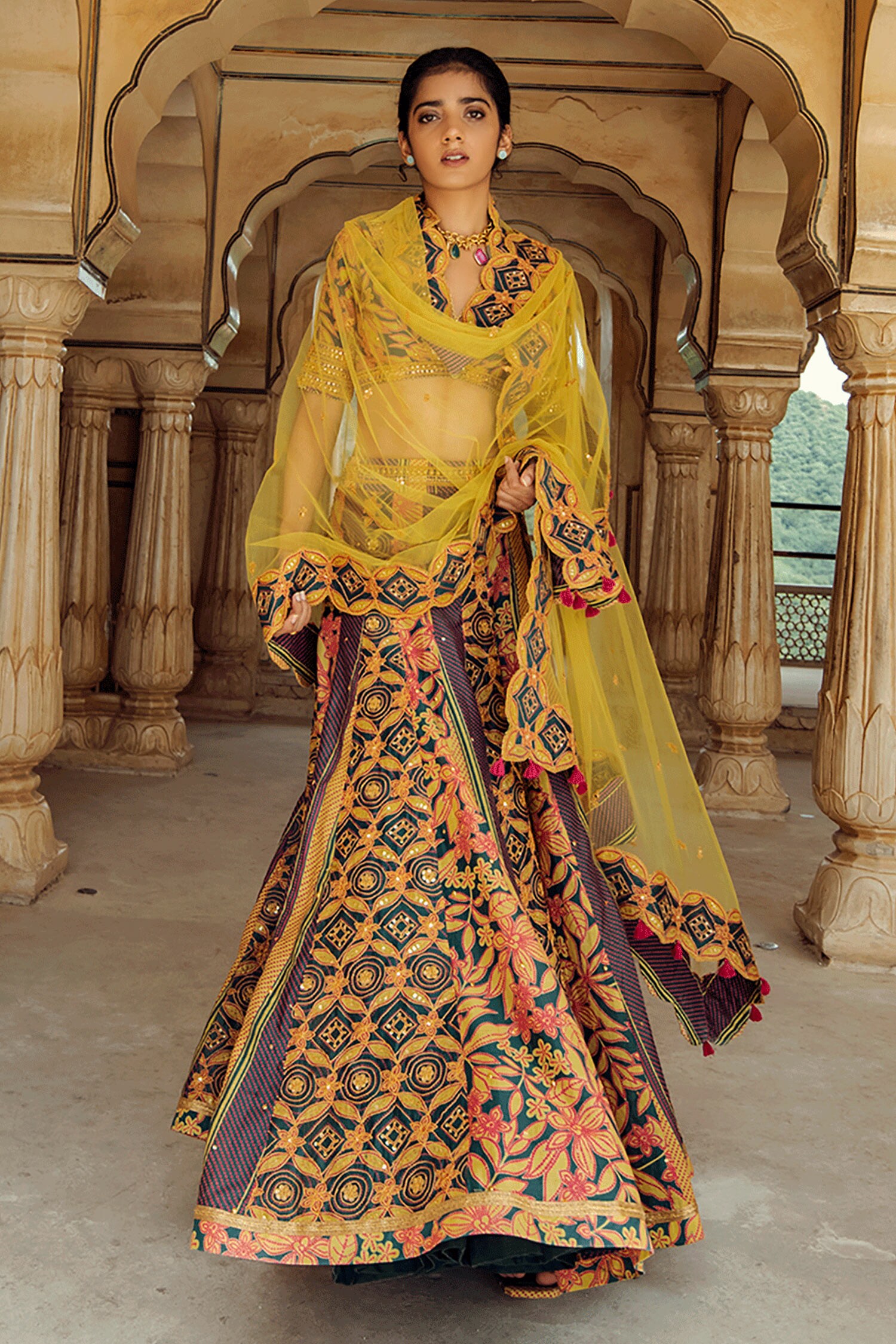 Buy Swati Vijaivargie Green Chanderi Silk Patchwork Lehenga Set Online ...