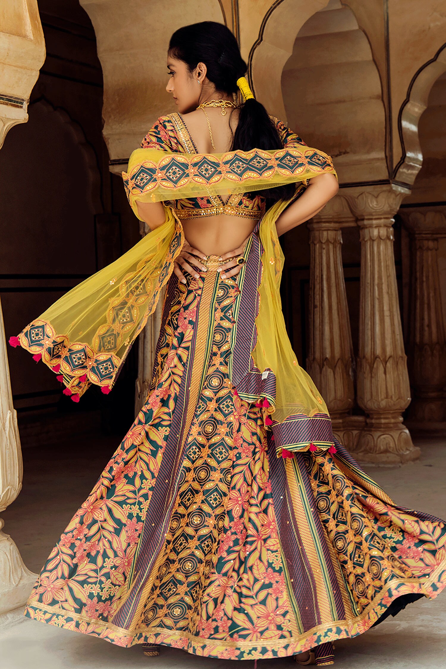 Buy Swati Vijaivargie Green Chanderi Silk Patchwork Lehenga Set Online ...