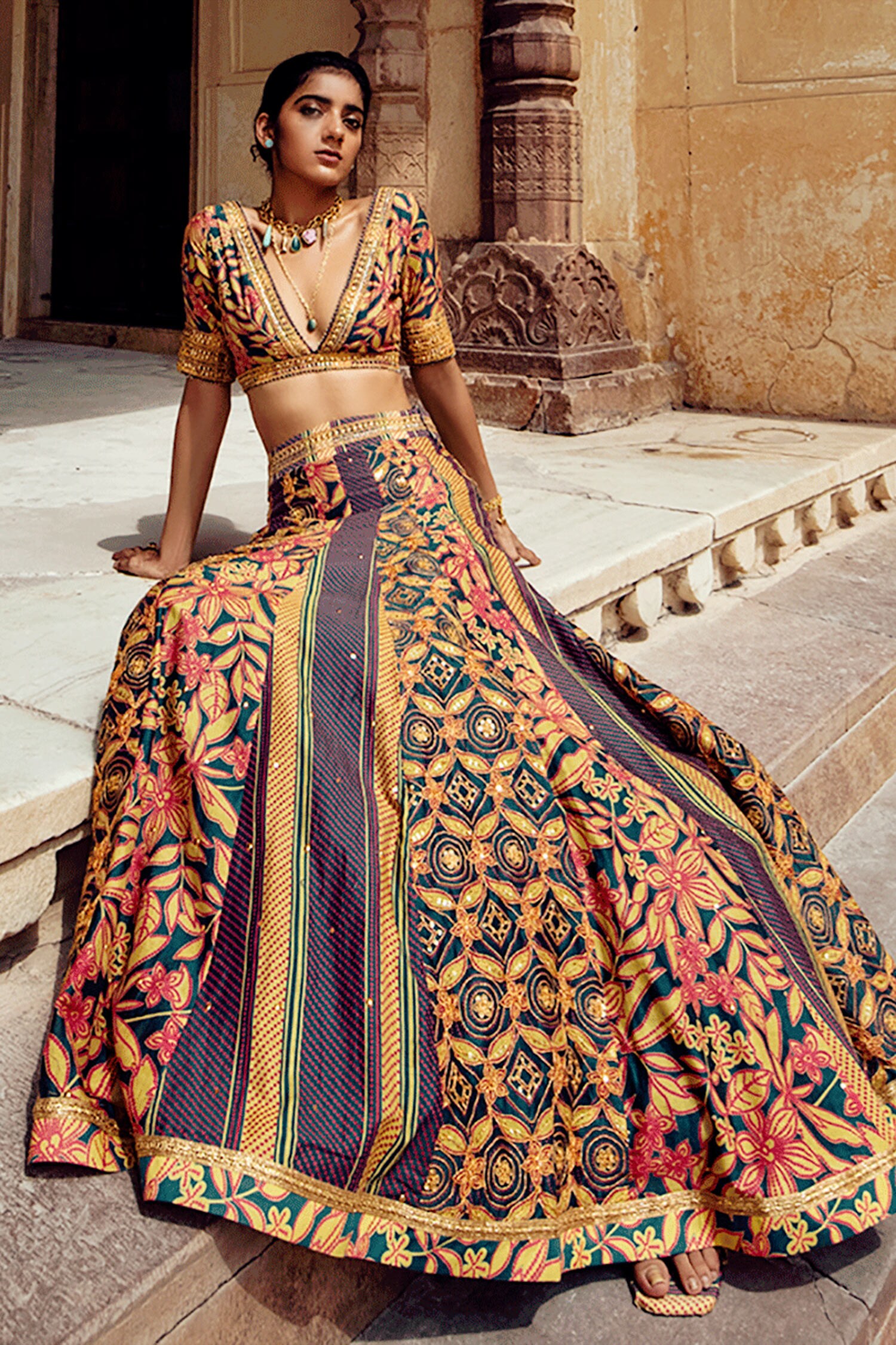 Buy Swati Vijaivargie Green Chanderi Silk Patchwork Lehenga Set Online ...