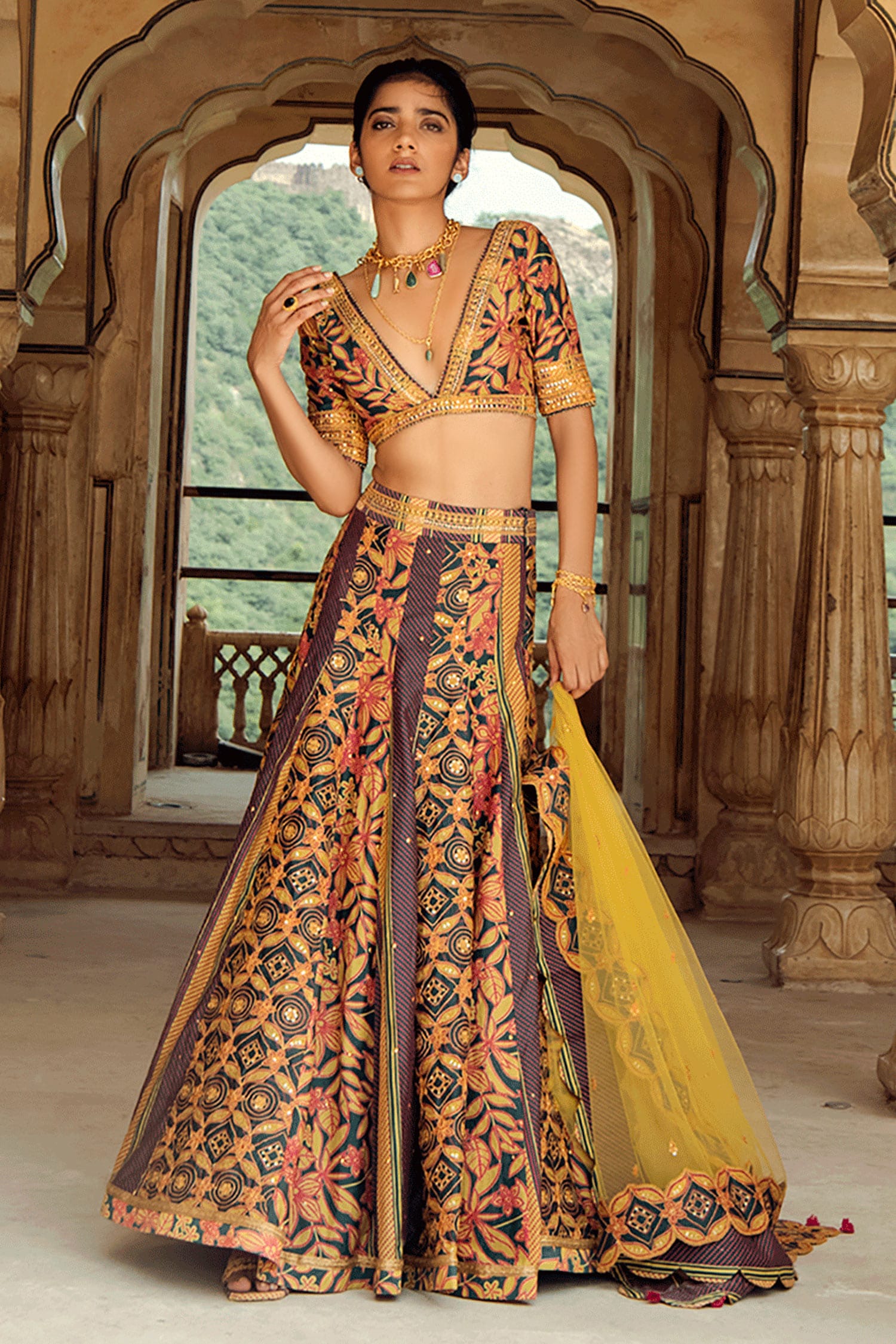 Buy Swati Vijaivargie Green Chanderi Silk Patchwork Lehenga Set Online ...