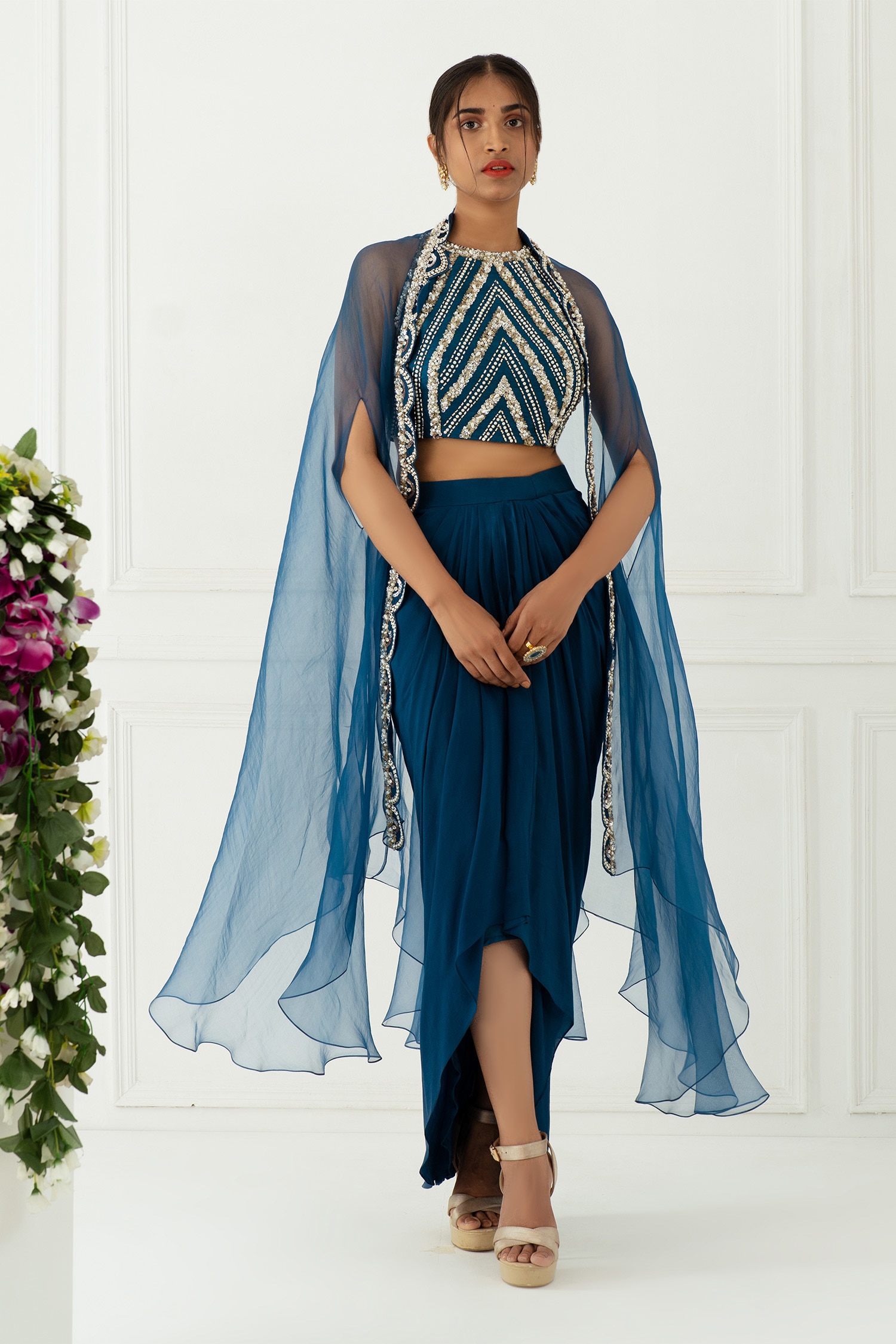 Buy Blue Silk Embroidery Crop Top Round Cape Open And Draped Skirt Set ...