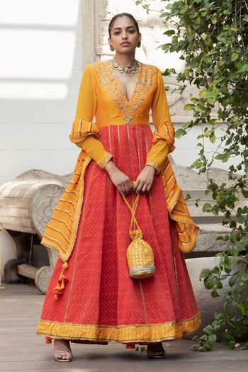 Buy Nikasha Yellow Handwoven Banarasi Cotton Anarkali Set Online | Aza ...