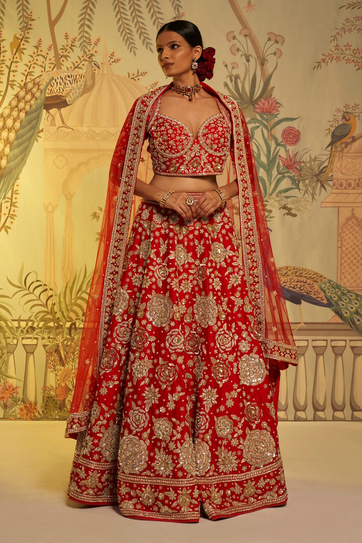 Buy Red Lehenga And Blouse: Raw Silk Embroidery Bead Guldasta Set For ...