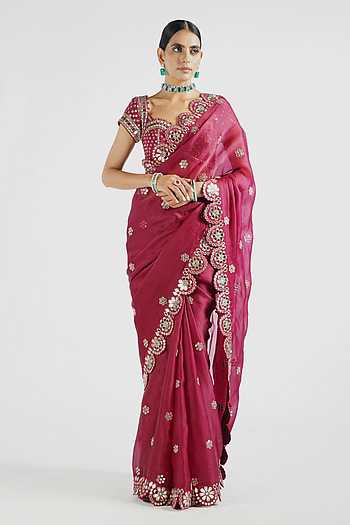 Buy Wine Saree Satin Organza Embroidered Mirror Work With Blouse For ...