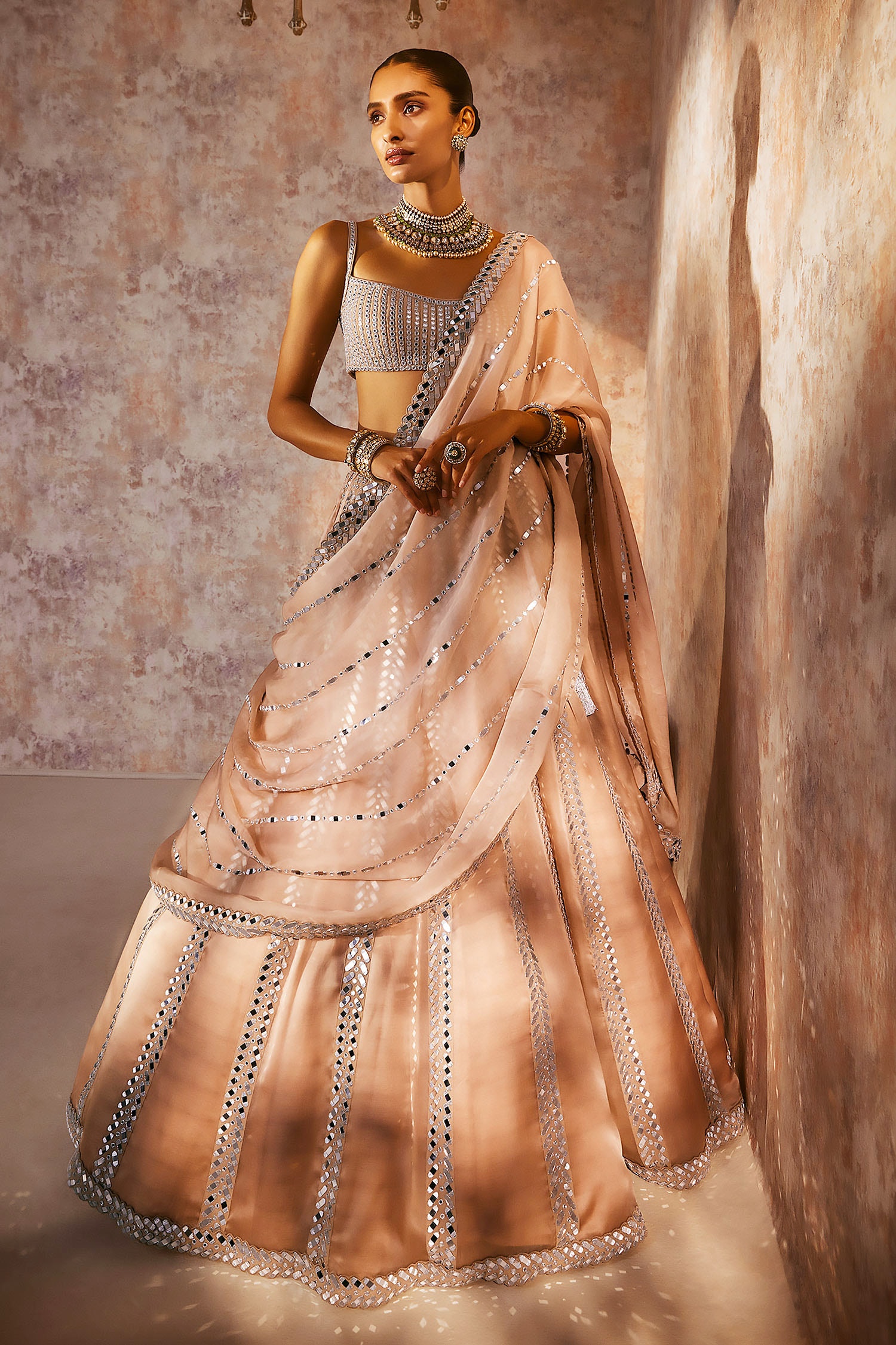 Buy Beige Lehenga And Dupatta - Satin Organza Embellished Mirrors ...