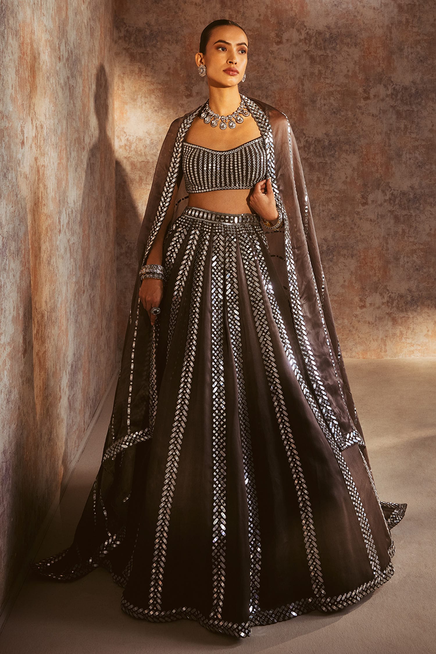 Buy Grey Lehenga And Dupatta - Satin Organza Embellished Mirrors Real ...