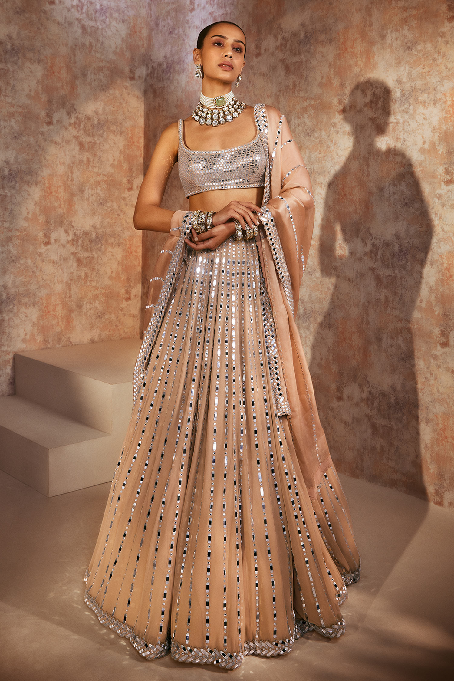 Buy Beige Lehenga And Blouse - Georgette Linear Pattern Bridal Set For ...