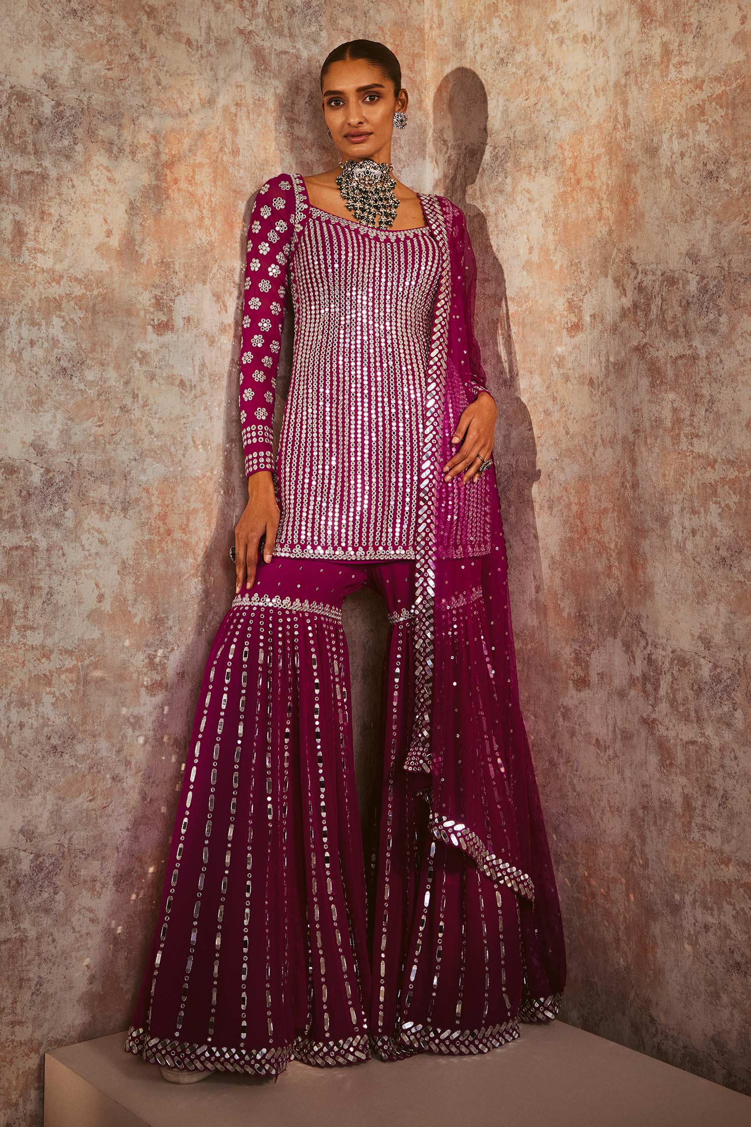Buy Wine Kurta And Sharara- Georgette & Dupatta: Net Straight Set For ...