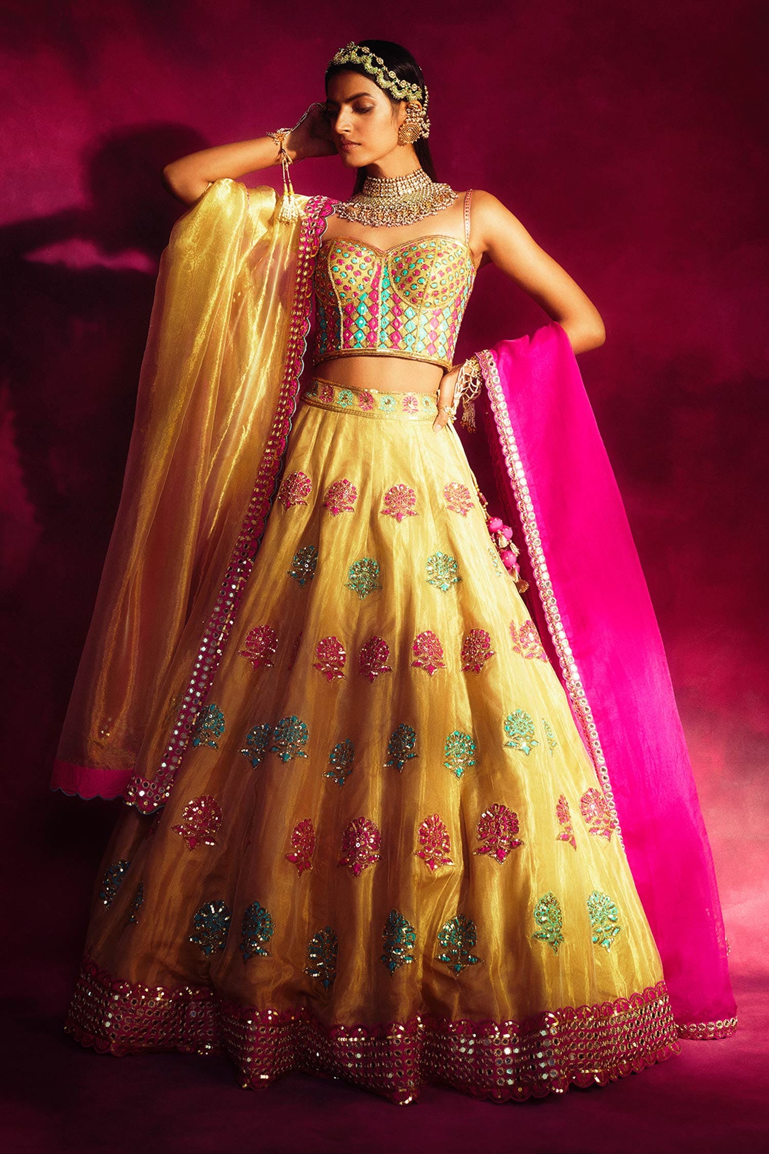 Buy Vvani by Vani Vats Gold Blouse Mirror Embroidered Lehenga Set ...