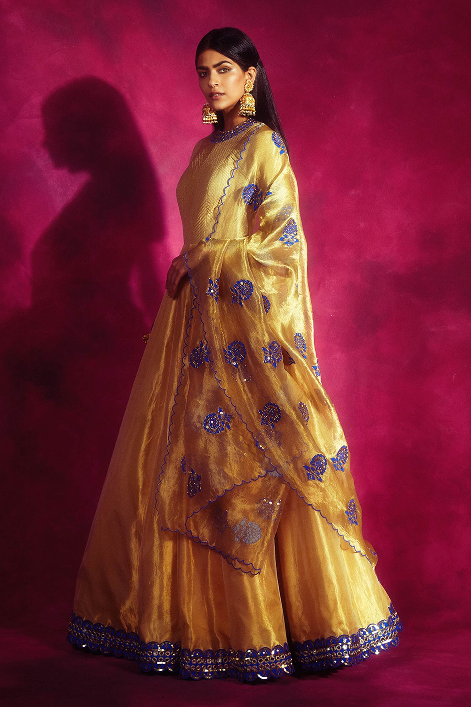 Buy Vvani by Vani Vats Gold Tissue Embroidered Anarkali With Dupatta ...