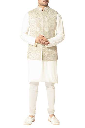 Buy Beige Raw Silk Embroidered Nehru Jacket Set For Men by Varun Bahl ...