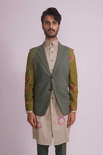 Buy Vikram Bajaj Beige Pure Wool Printed Blazer And Kurta Set Online ...