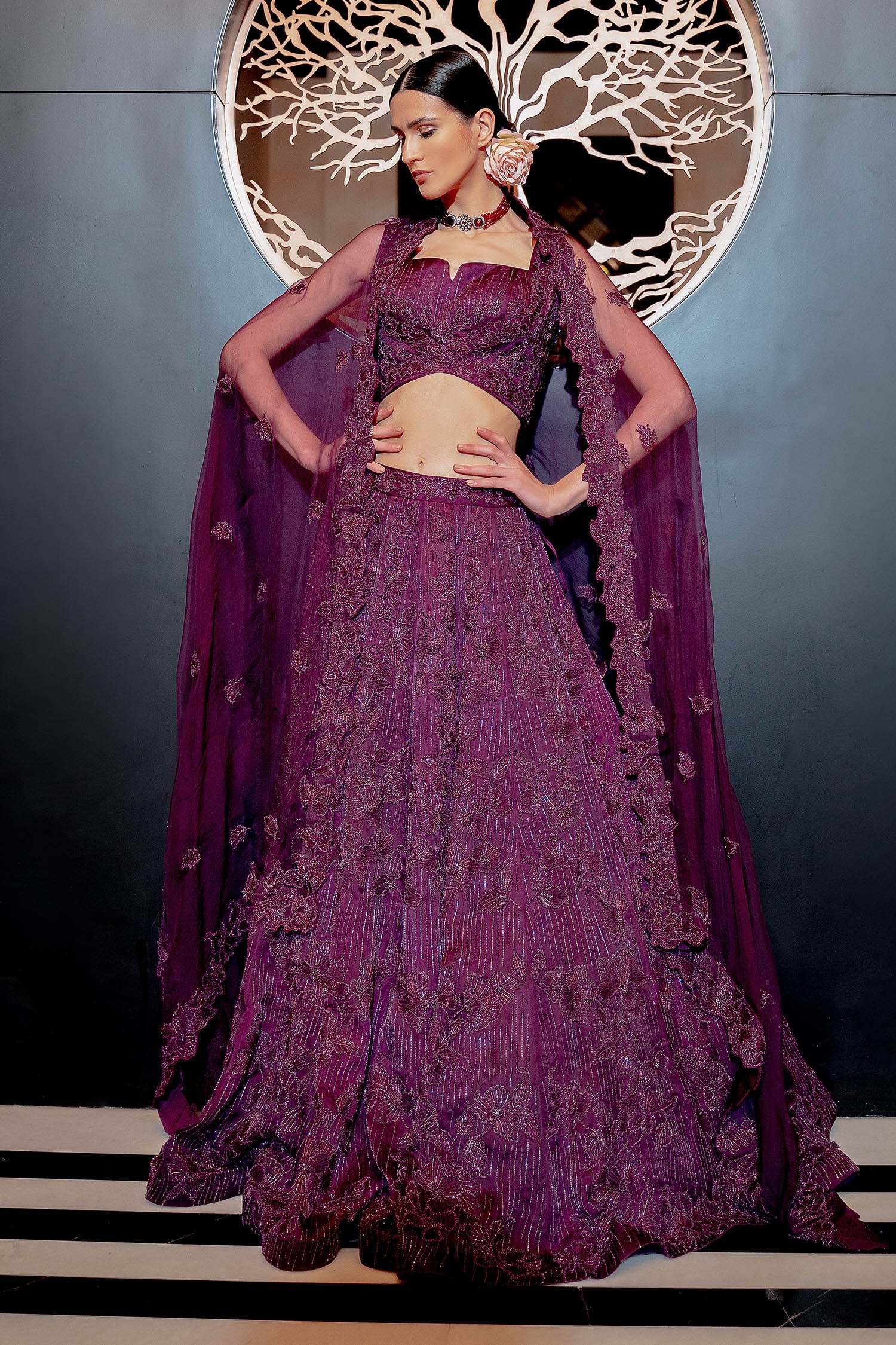 Buy Purple Silk Organza Embroidered Floral Motifs Bridal Lehenga Set
