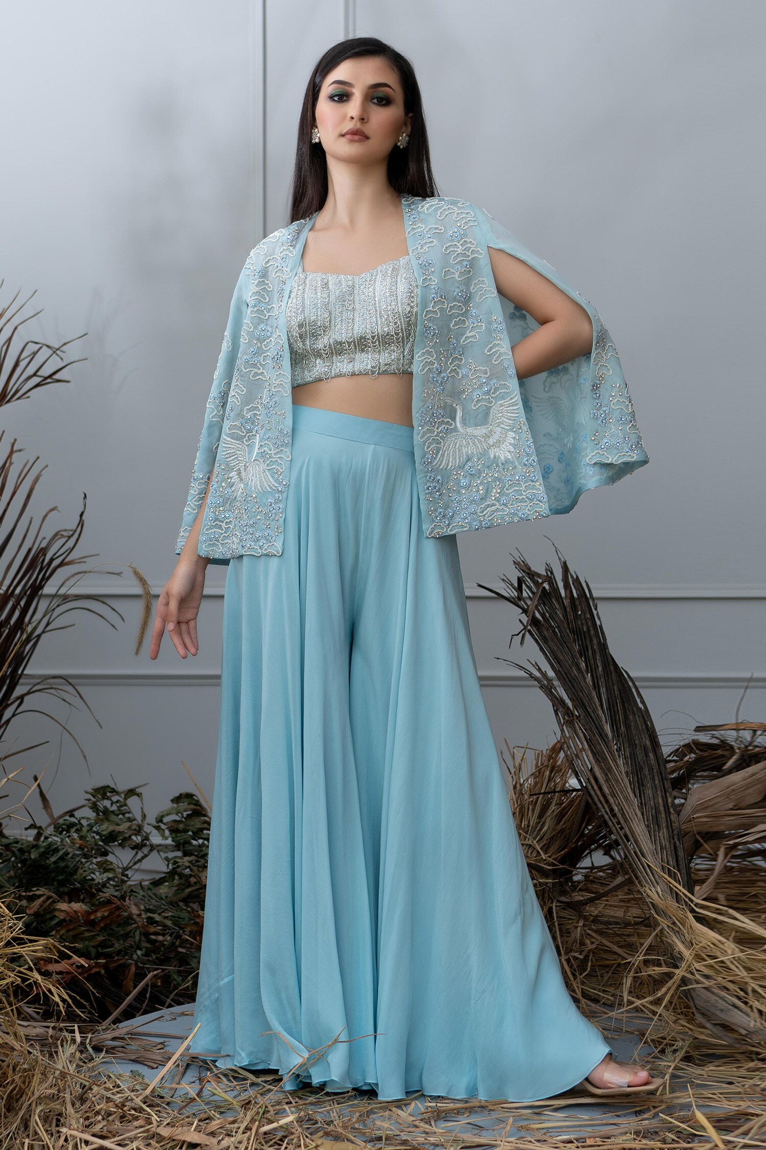 Buy Blue Organza V Neck Hand Embroidered Cape And Palazzo Set For Women ...