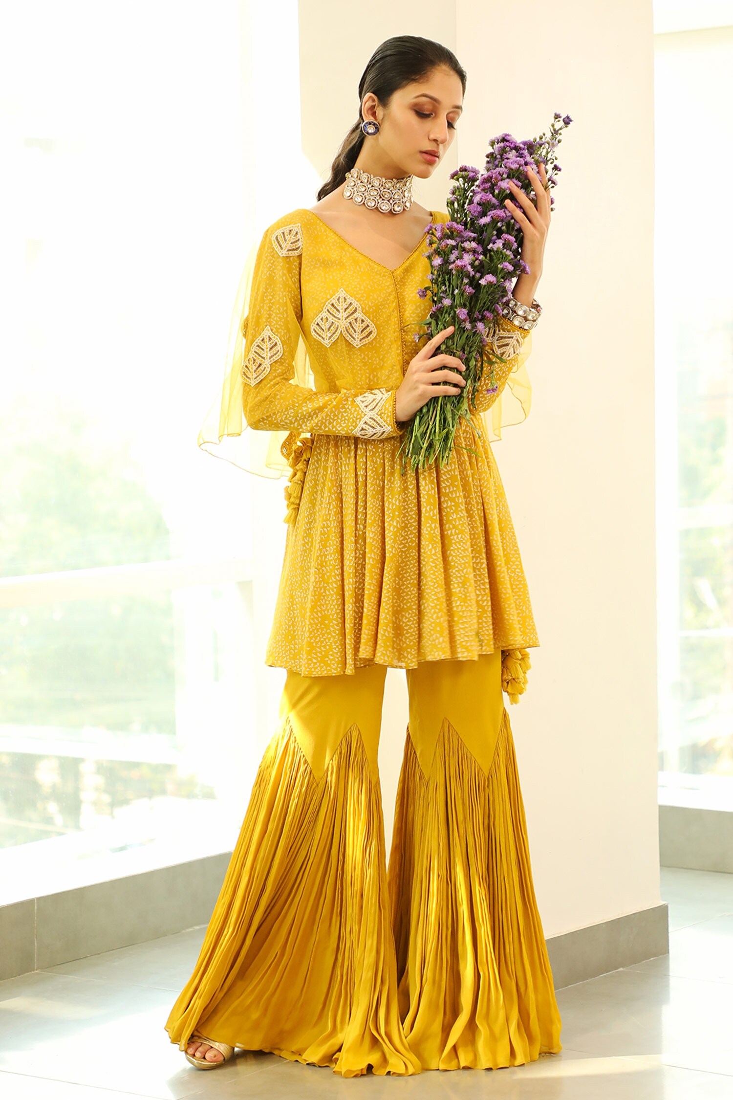 Buy Vidushi Gupta Yellow Chiffon Printed Peplum Kurta And Gharara Set ...