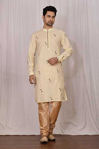 Buy Beige Kurta Cotton Churidar Art Silk Embroidered Resham Set For Men ...