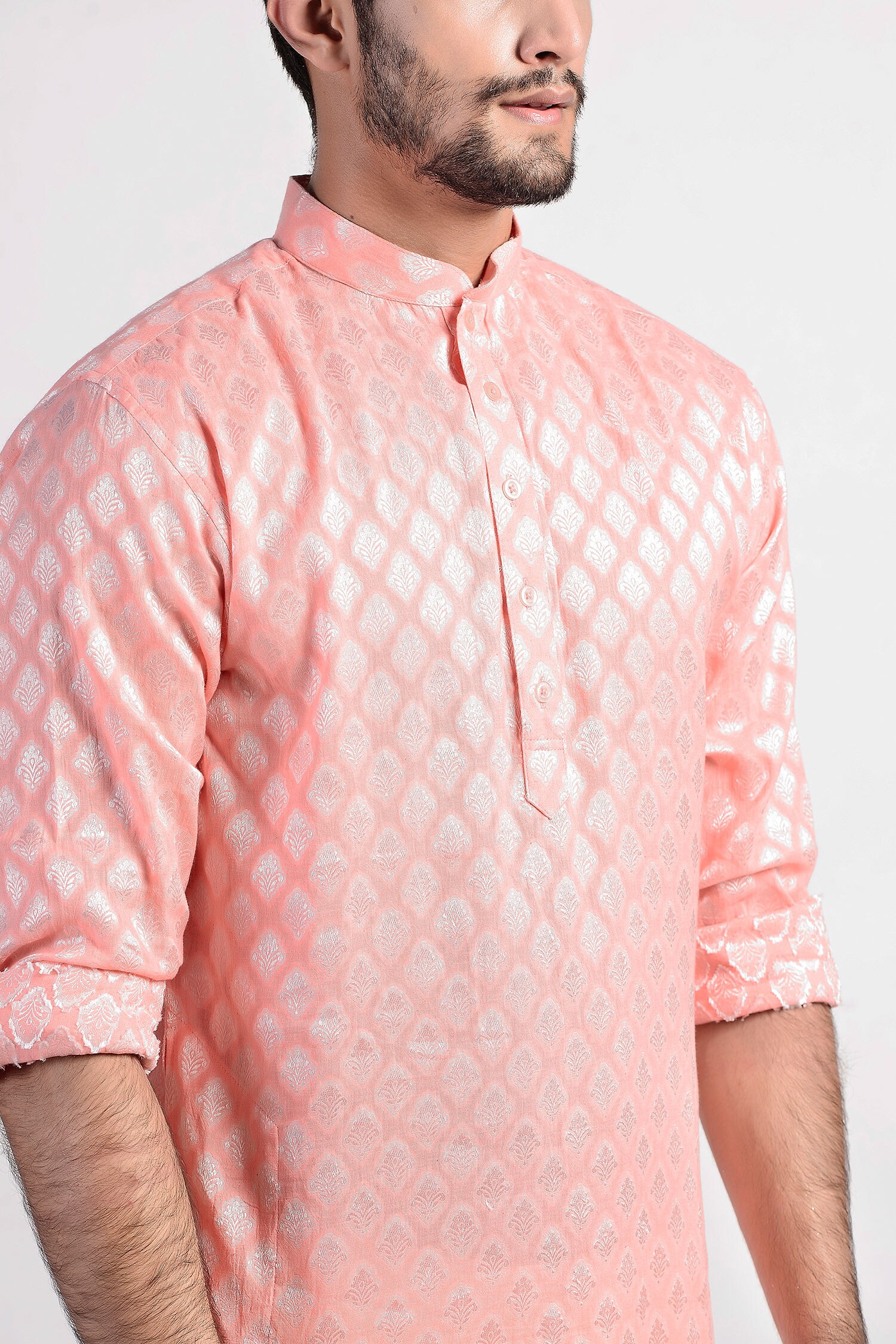 Buy Rishi & Vibhuti Pink Printed Chanderi Kurta With Silk Scarf Online ...
